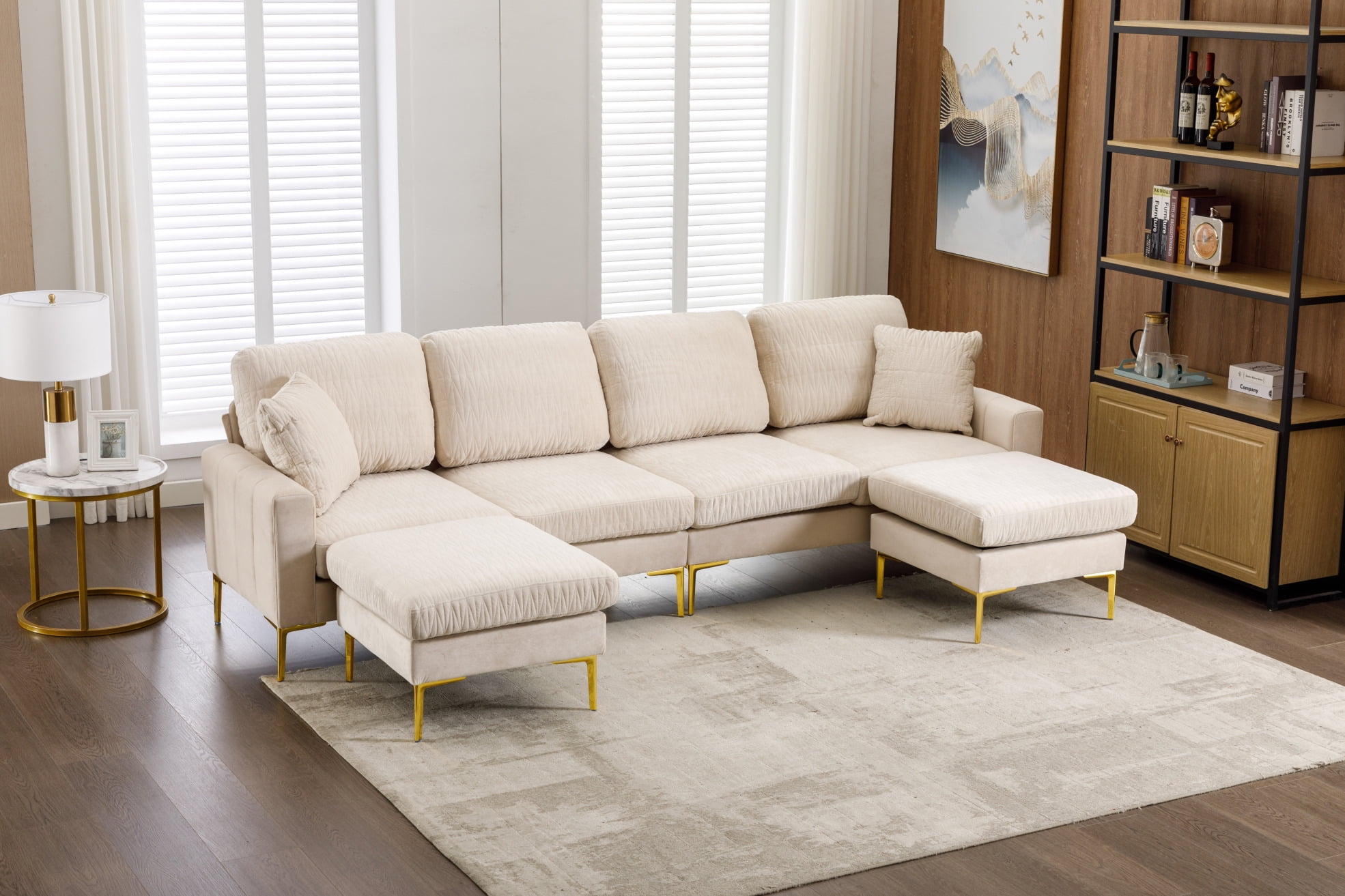 Velvet Upholstered Sectional Sofa Set, Accent Sofa with Ottoman, Modern ...