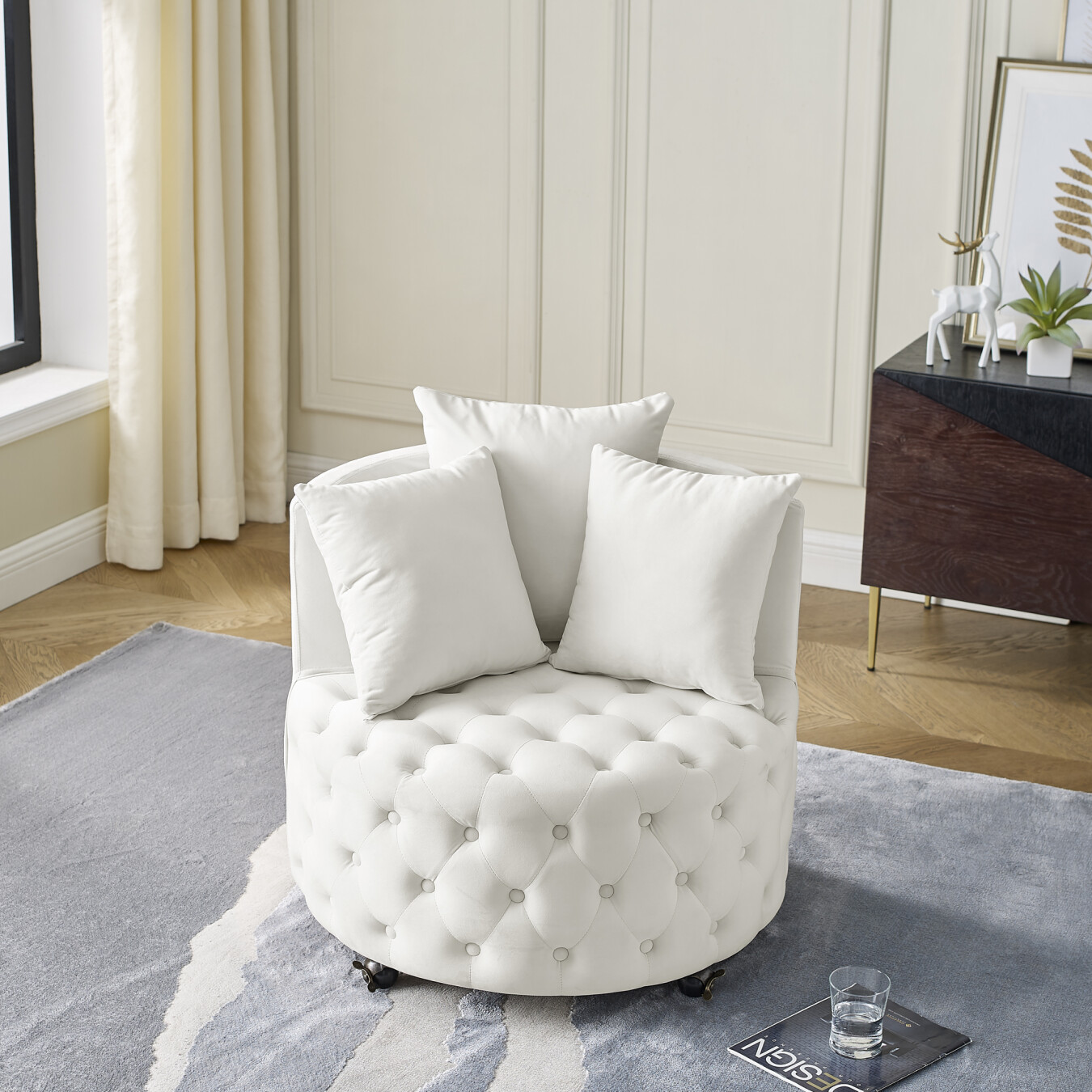 Velvet Upholstered Swivel Chair with Movable Wheels and 3 Pillows ...