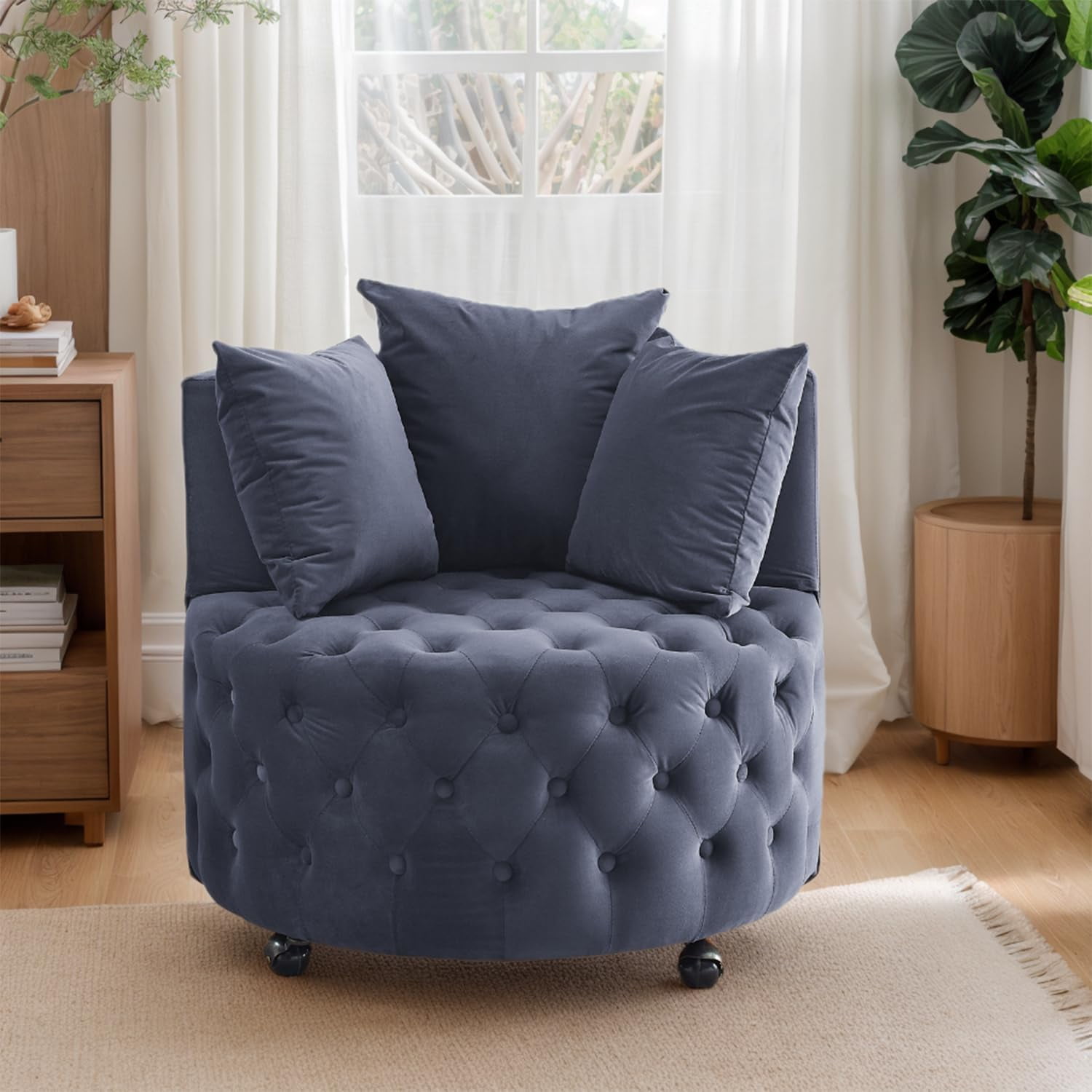 Velvet Upholstered Swivel Chair with Movable Wheels, Swivel Barrel ...