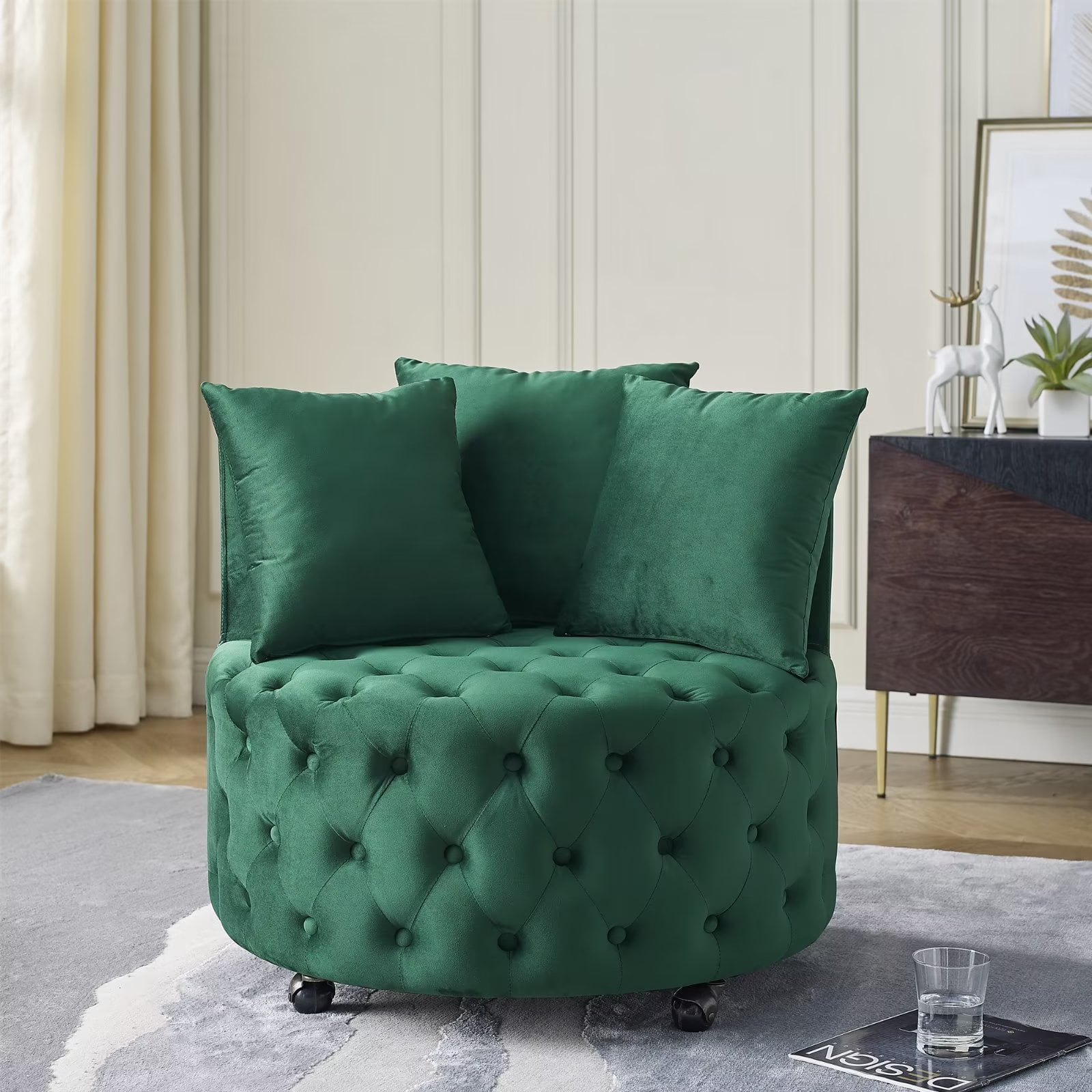 Velvet Upholstered Swivel Round Sofa, Button Tufted Curved Backrest ...