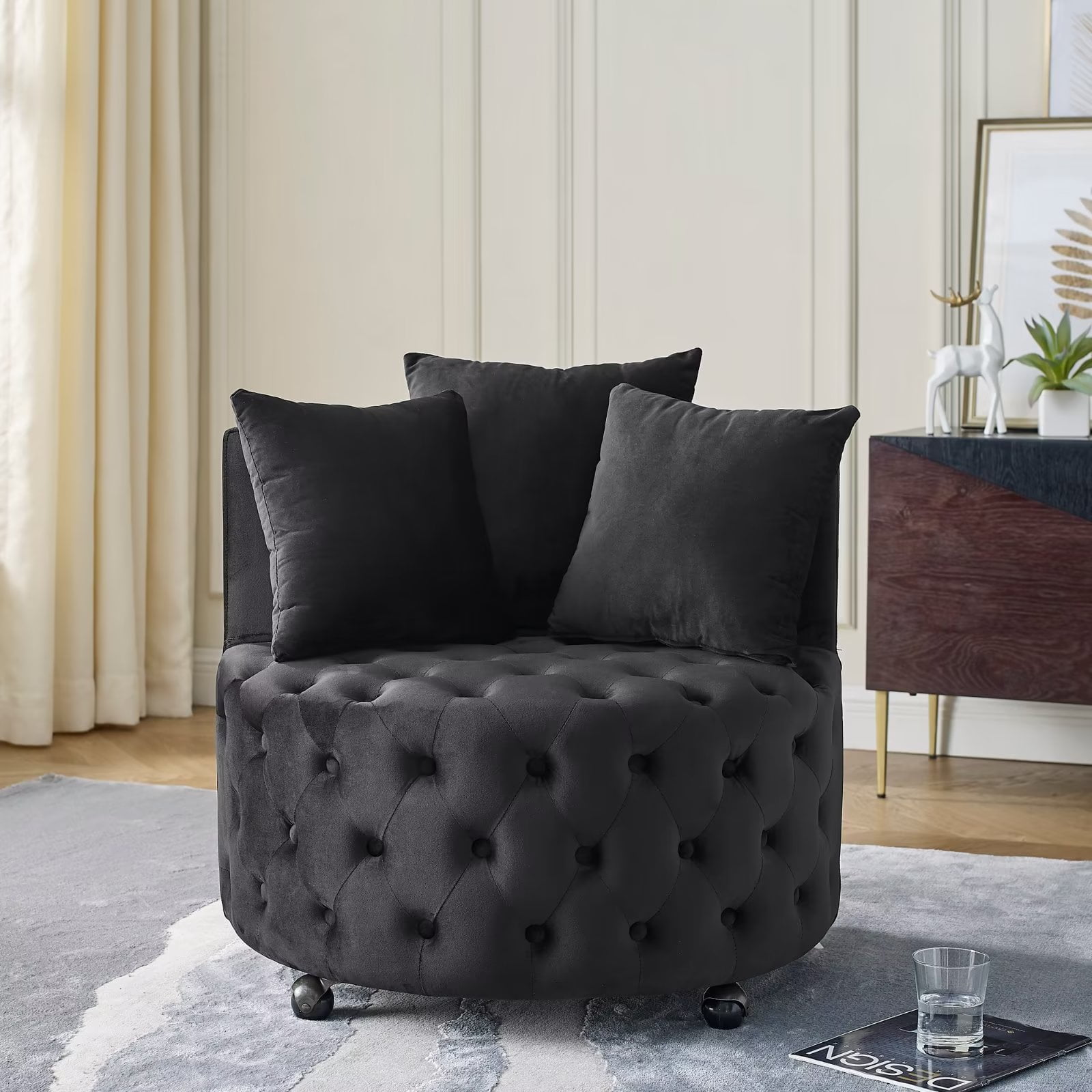 Velvet Upholstered Swivel Round Sofa, Button Tufted Curved Backrest ...