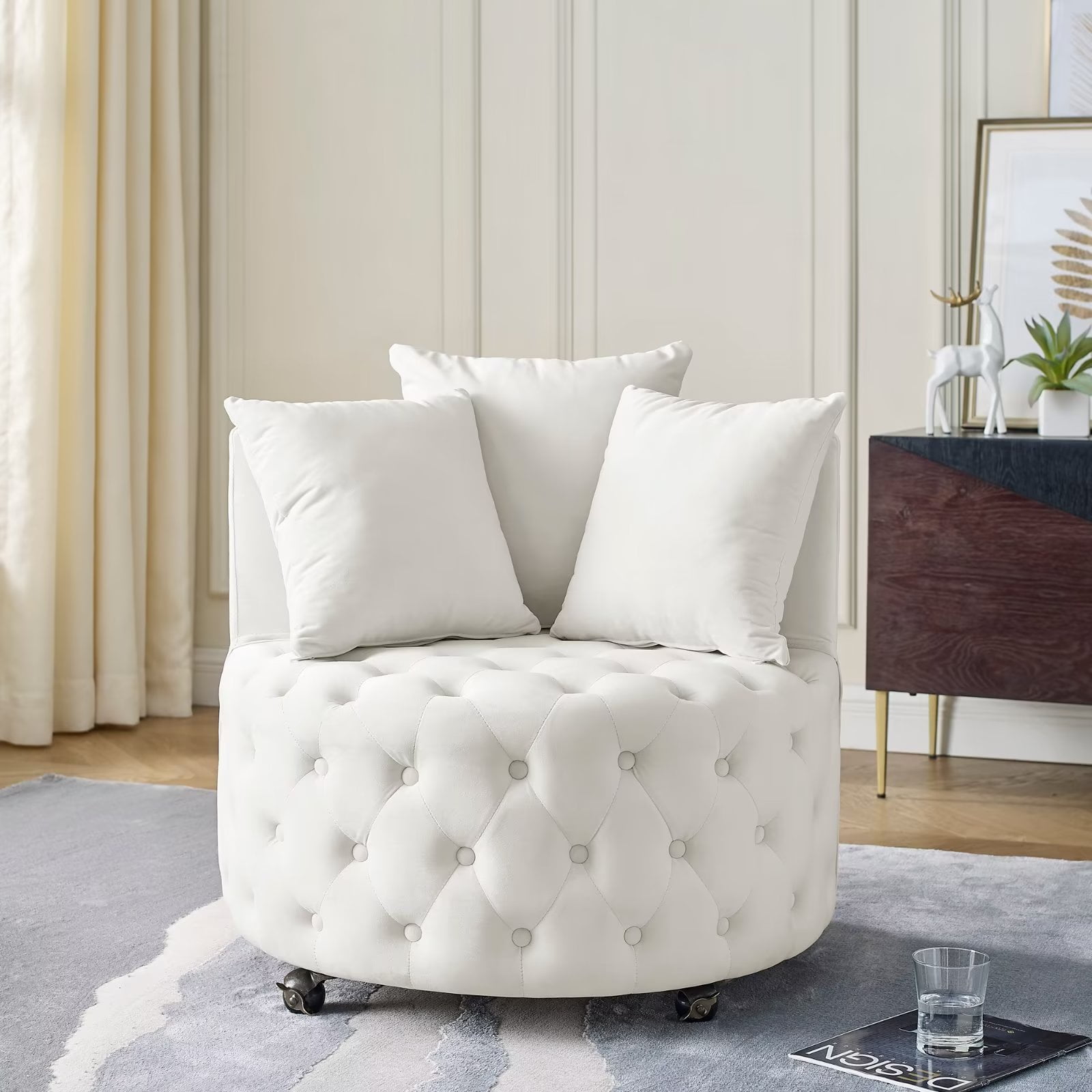 Velvet Upholstered Swivel Armchair, Button Tufted, with 3 Pillows, for ...
