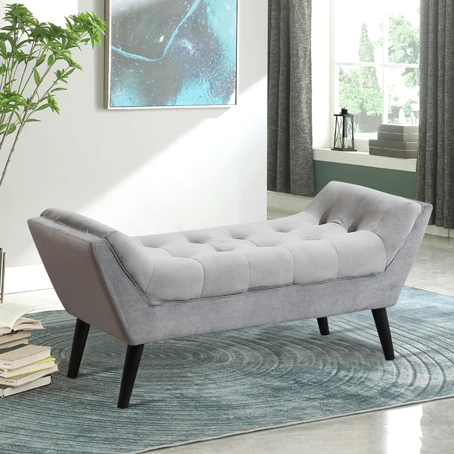 Velvet Upholstered Tufted Ottoman Bench Bed Bench Modern Accent Bench ...