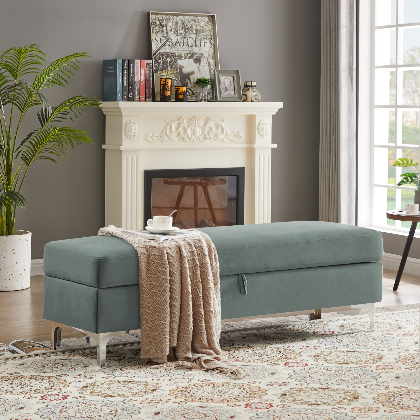 Velvet Uphostered Footstool with Storage Space, Flip Top Wood Frame ...