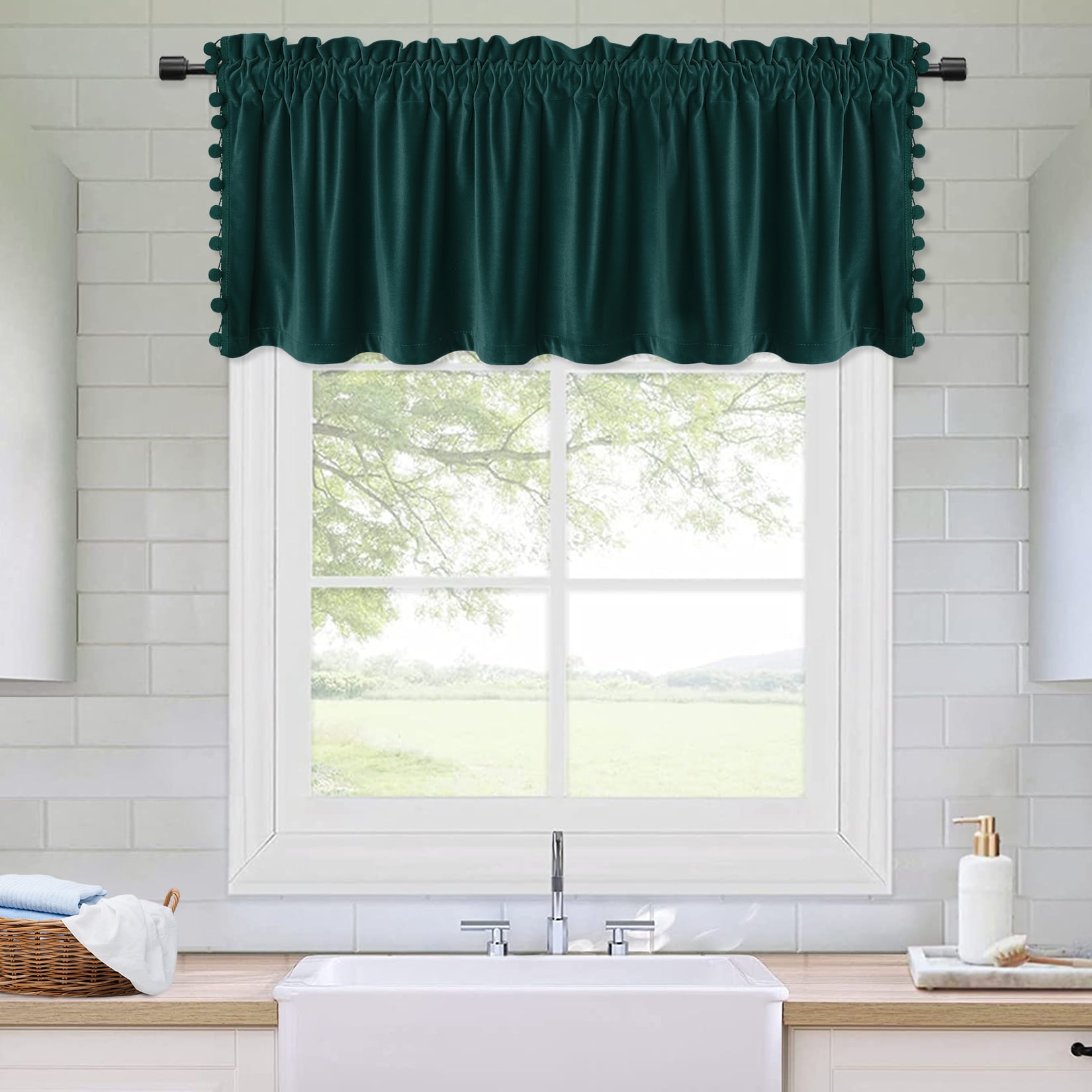 Velvet Valance, Rod Pocket Pom Pom Soft Luxury Short Curtain Valance ...