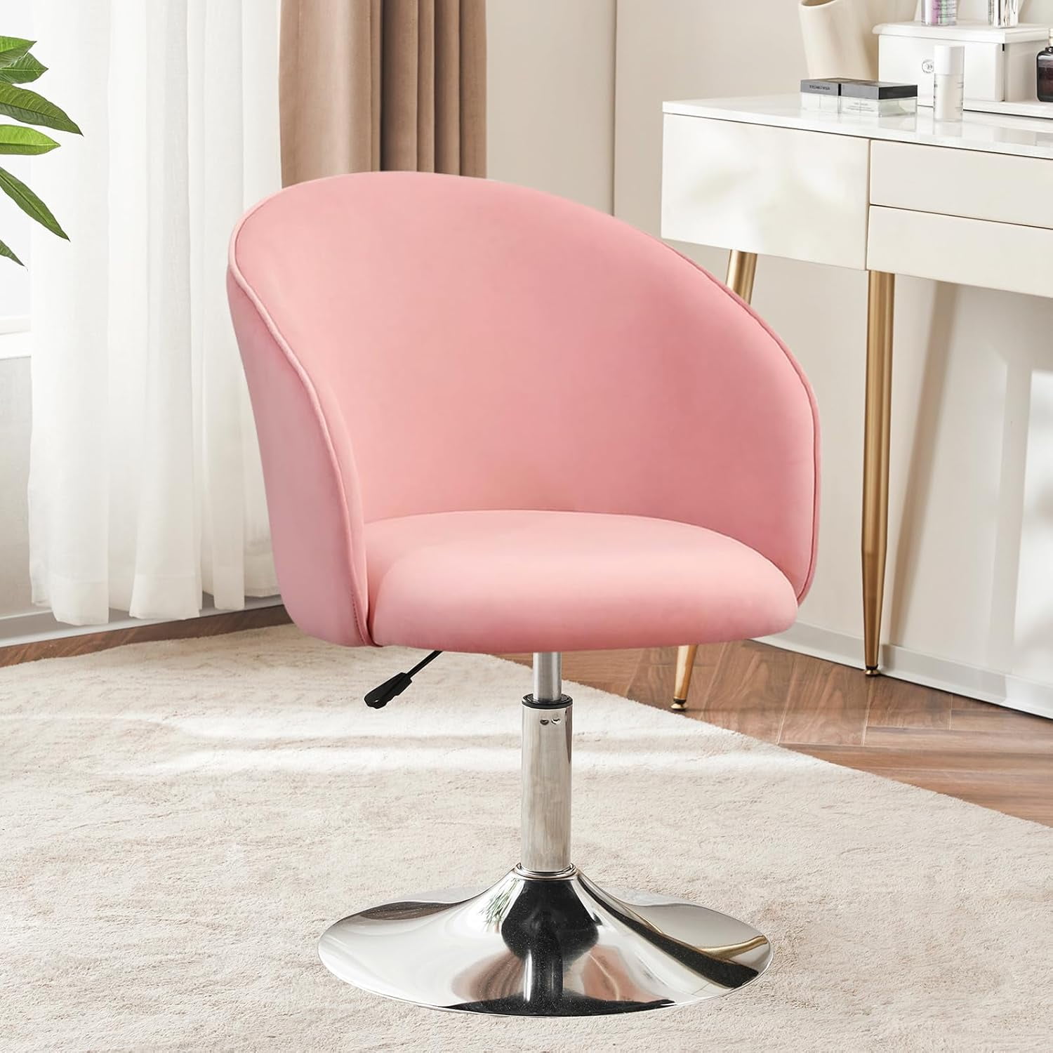 Velvet Vanity Chair with Chrome Frame, Height Adjustable & Swivel, Pink ...