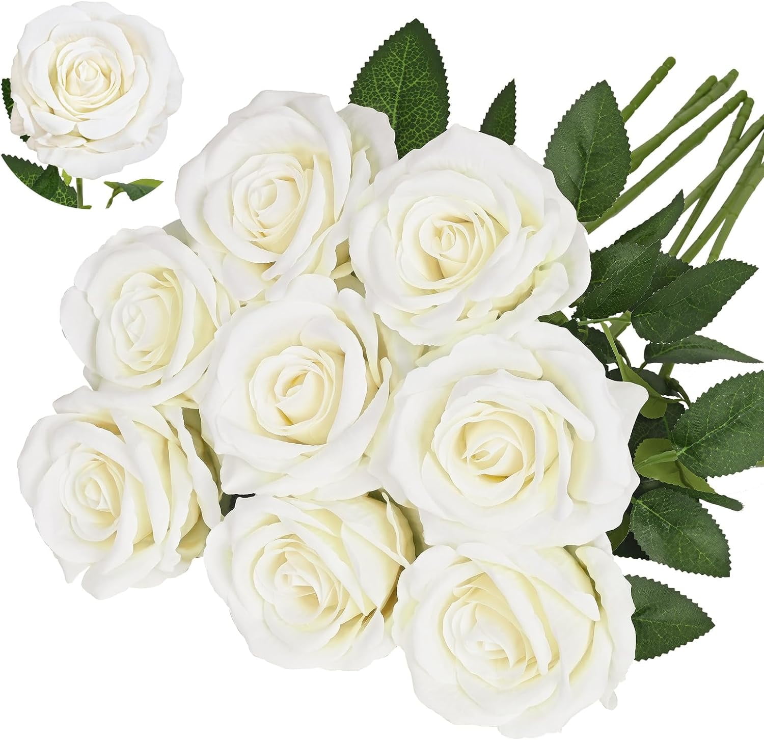 Velvet White Roses Artificial Flowers, Fake Roses Long Stem, Real Touch ...
