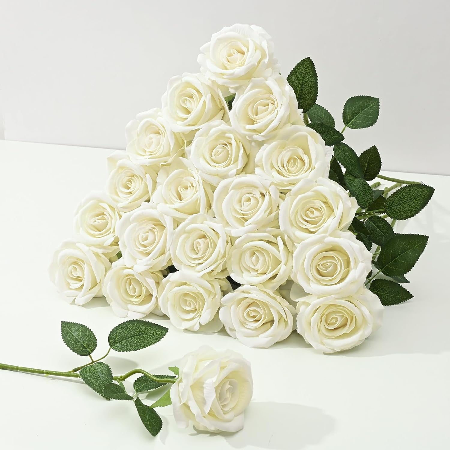 Velvet White Roses Artificial Flowers, Fake Roses Long Stem, Real Touch ...