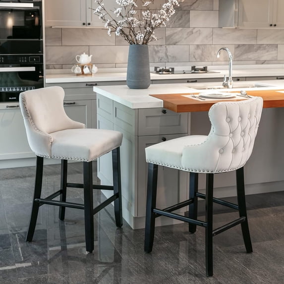 Velvet Wing-Back Bar Stools Set of 2, Button Tufted with Nailhead Trim ...