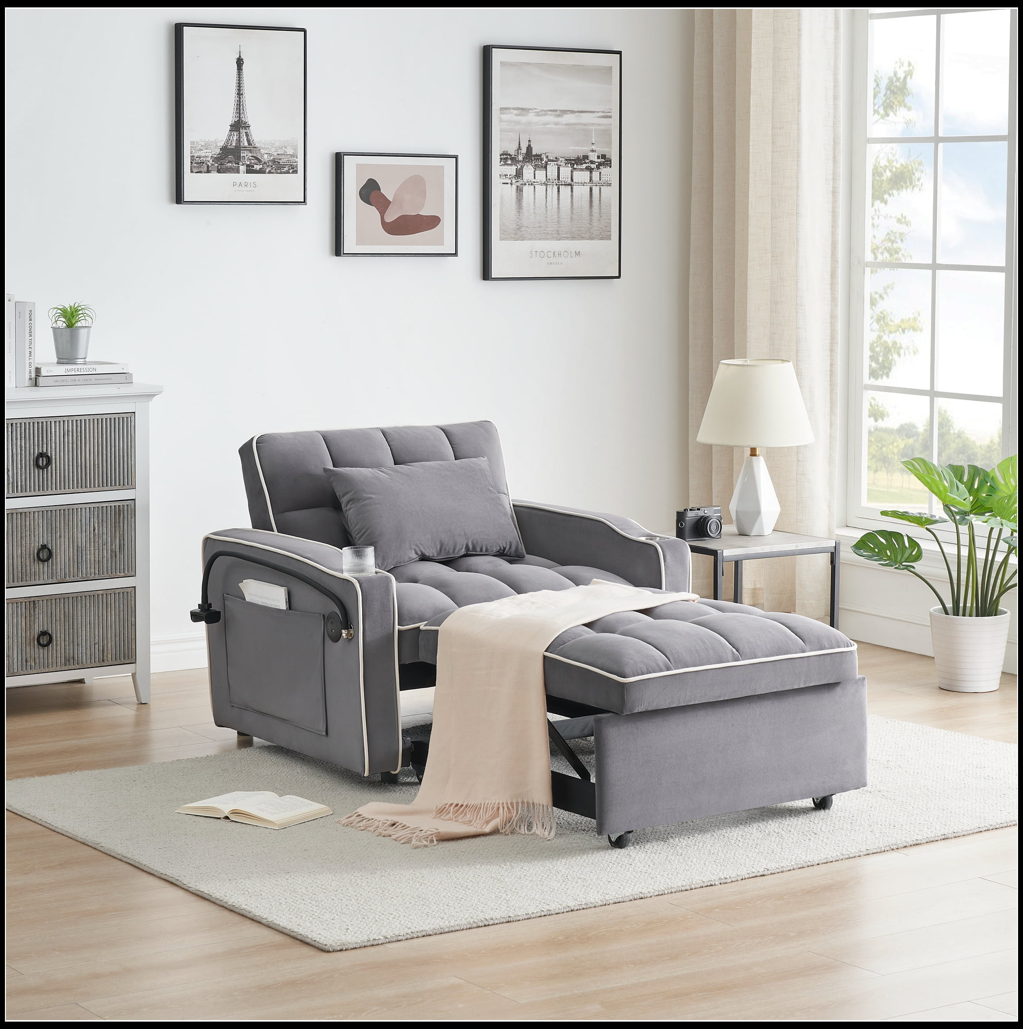 Velvet sofabed with side table, 3-in-1 pull-out single sofa with ...