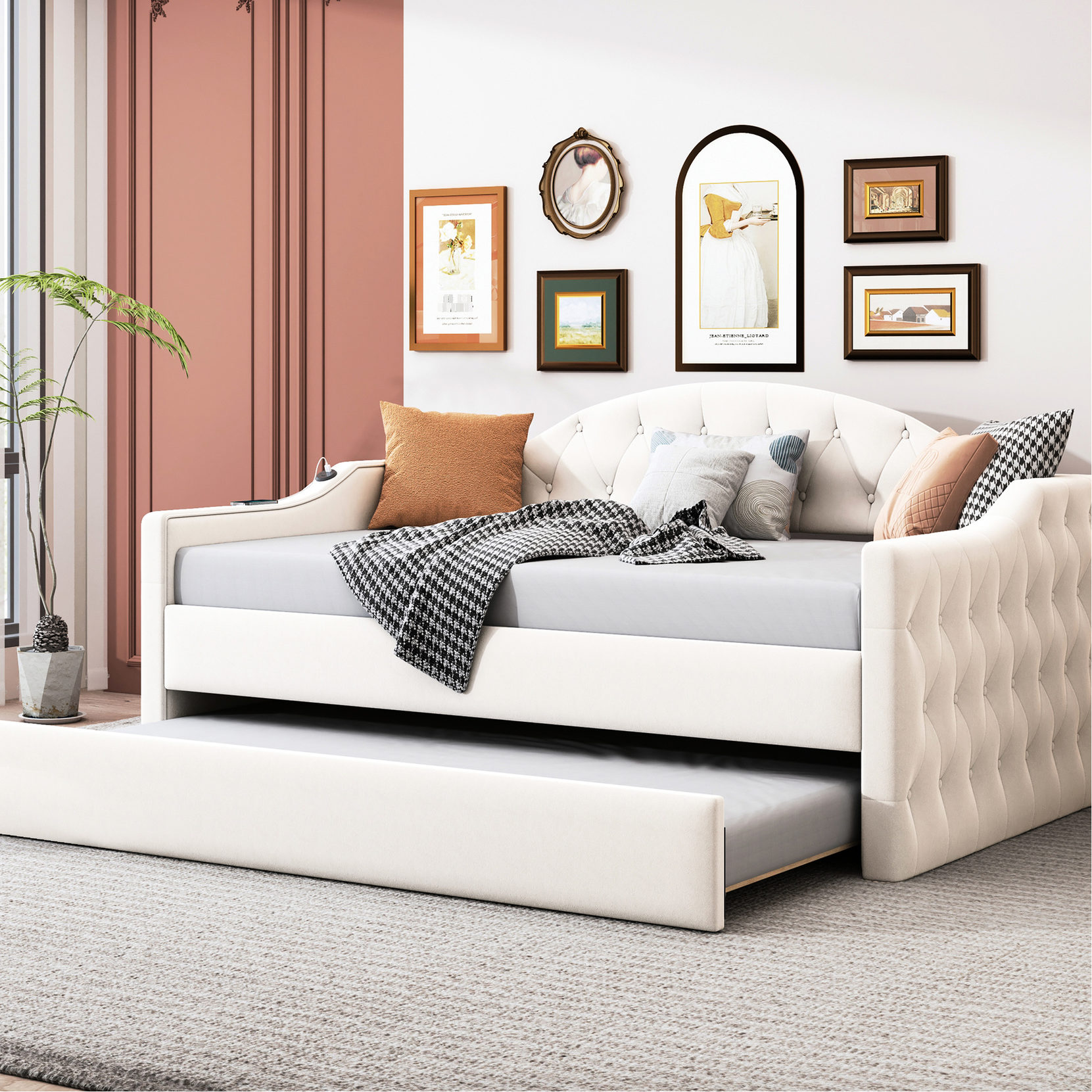 Velvet tufted twin daybed with charging ports and trundle / Multi ...