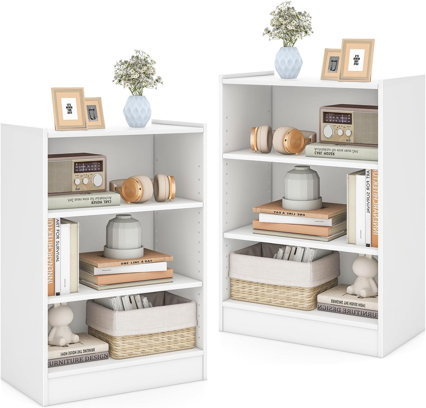 VelvetBlossom 3-Cube Bookcase of 2 White, 3-Tier Modern White Open ...