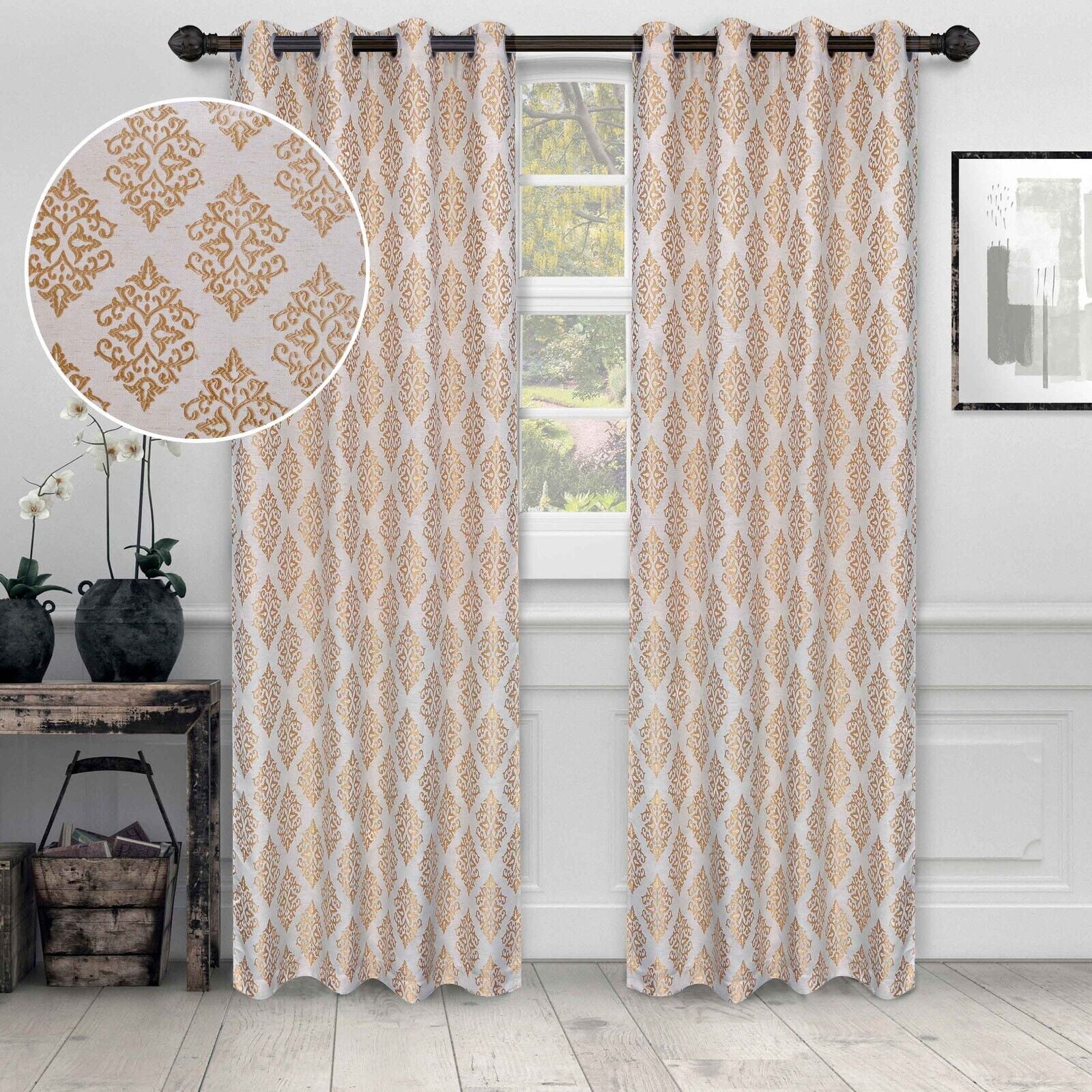 Venetian Damask Embroidered Traditional Damask Jacquard Curtain Set ...