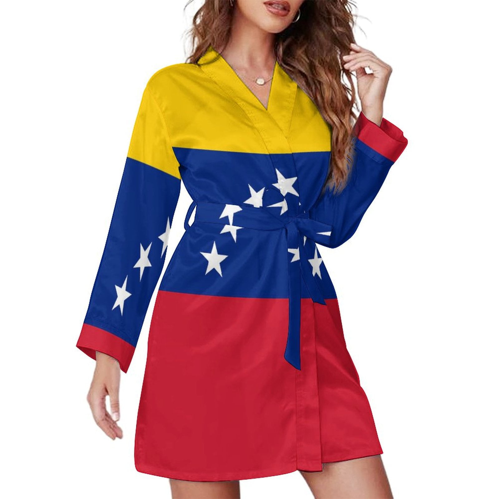 Venezuela Flag Night Robe Long Sleeve V Neck Robe With Belt Women's ...
