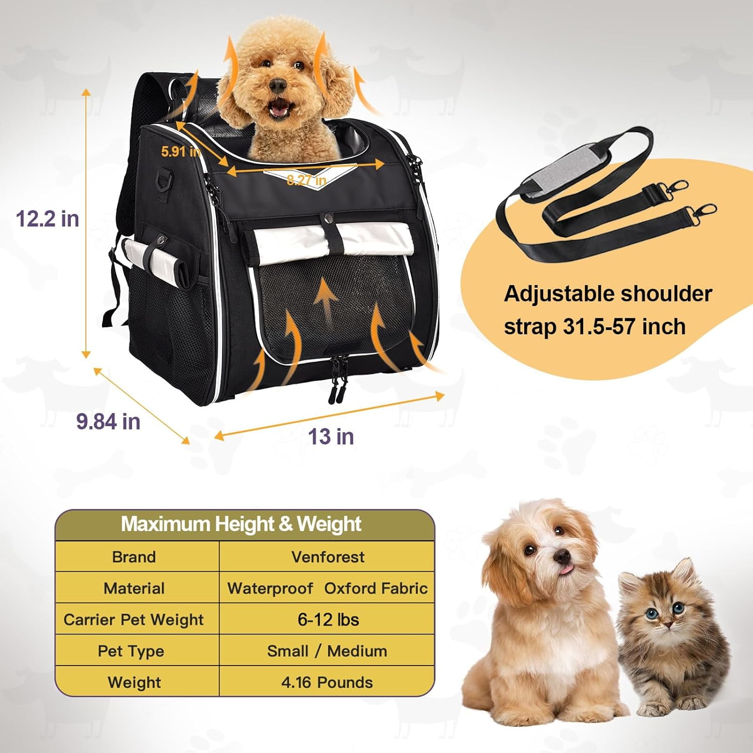 Venforest Dog Bike Basket Foldable Pet Bike Carrier Backpack with ...