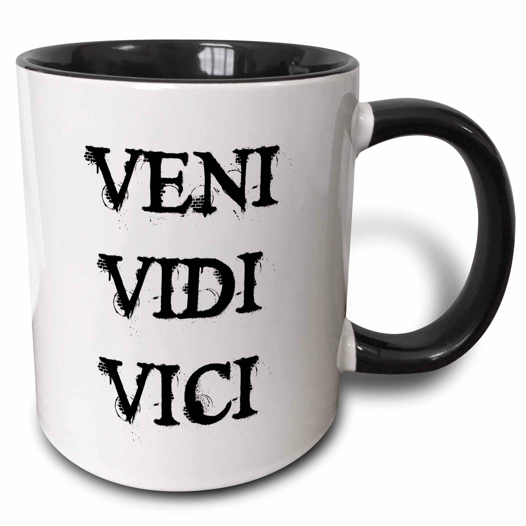 Veni Vidi Vici - I came I saw I conquered in graffiti-like print 15oz Two-Tone Black Mug mug ...
