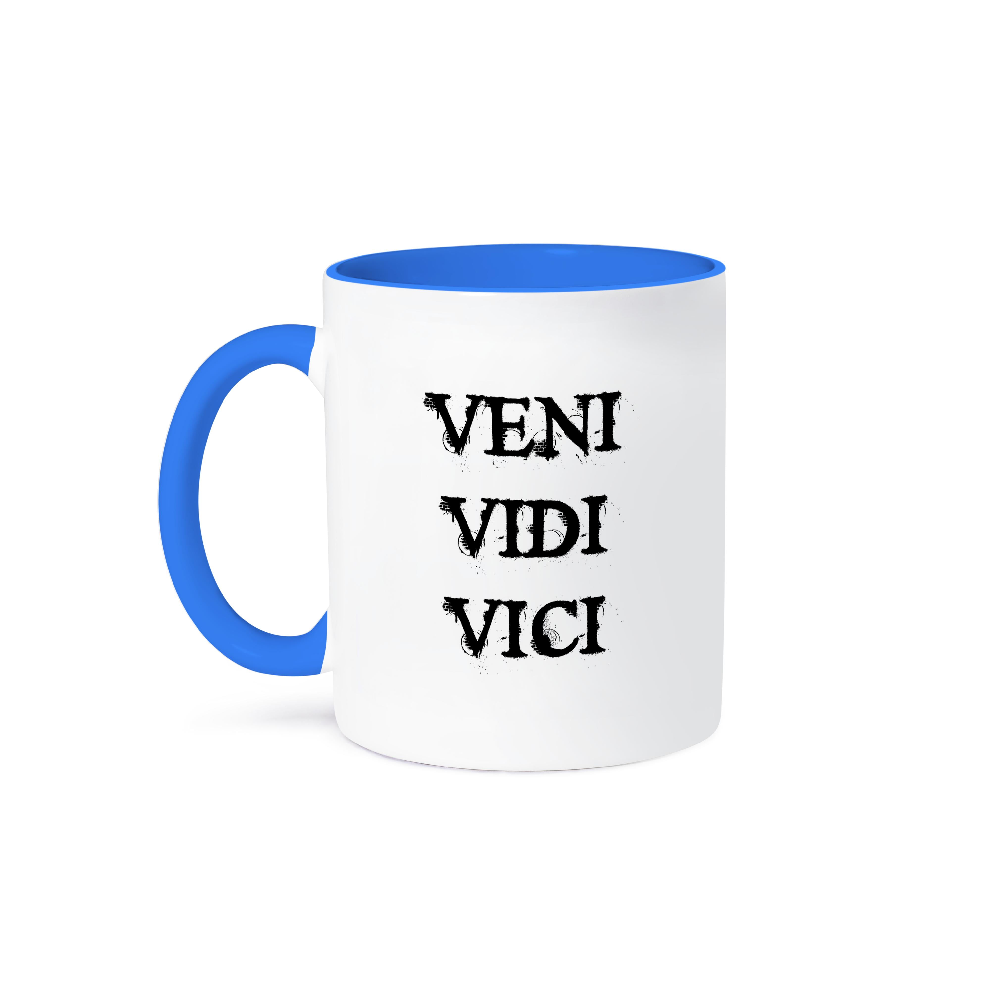 3dRose, Veni Vidi Vici - I came I saw I conquered in graffiti-like print, 15oz Two-Tone Blue Mug ...