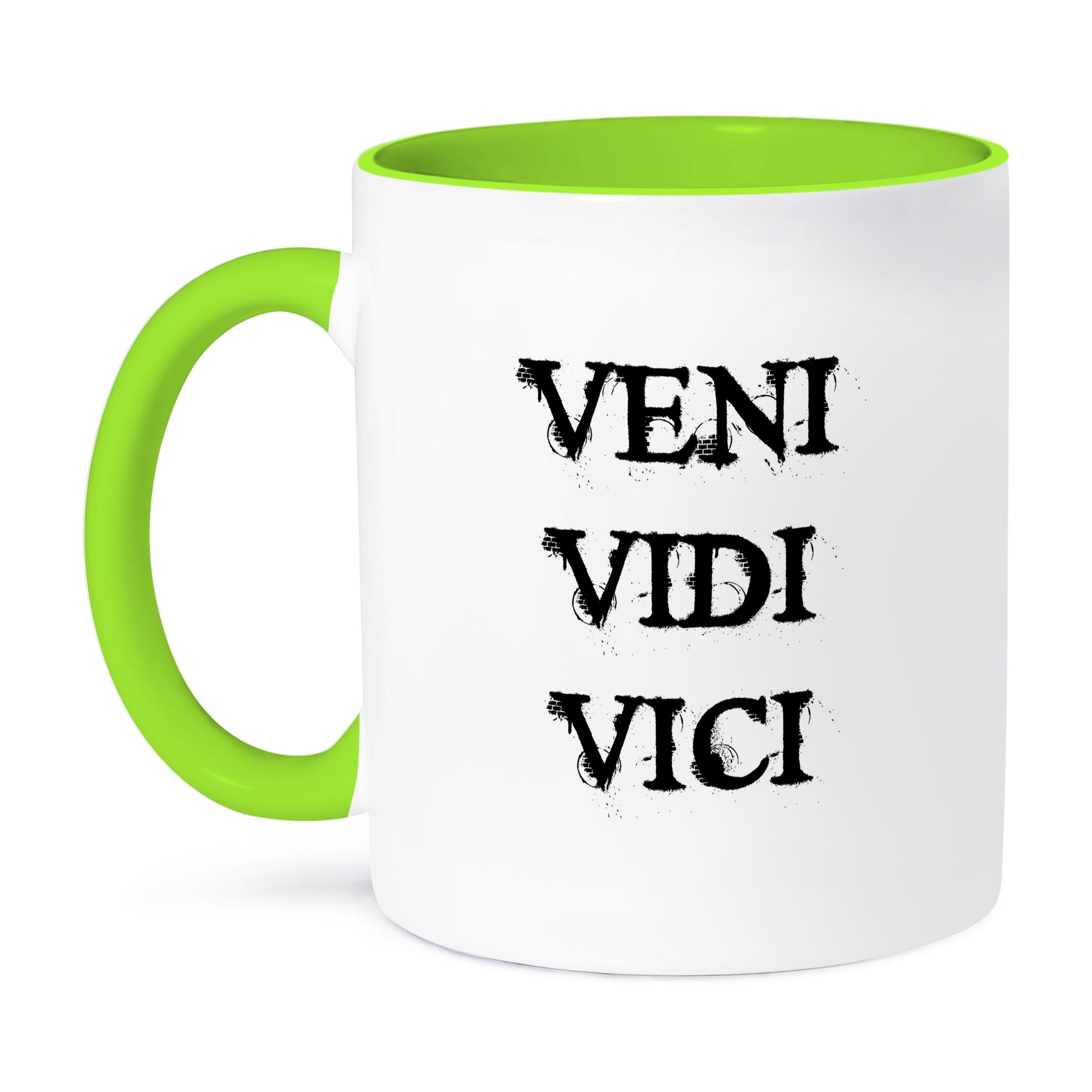 3dRose, Veni Vidi Vici - I came I saw I conquered in graffiti-like print, 15oz Two-Tone Green ...