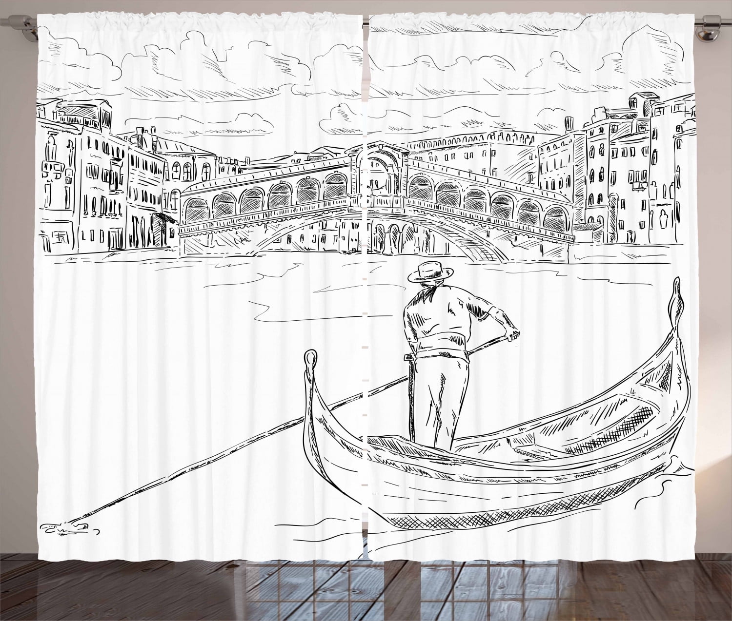 Ambesonne Venice Curtains 2 Panel Set, Rialto Bridge Gondola, 108" x 90 ...