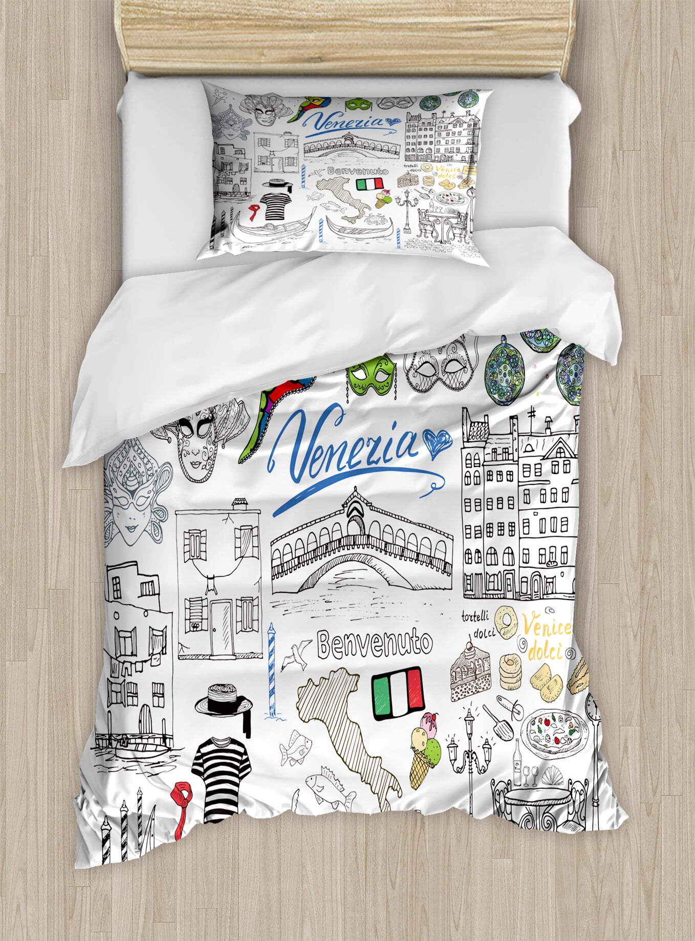 Venice Duvet Cover Set, Venezia Calligraphy with Elements Symbolizing ...