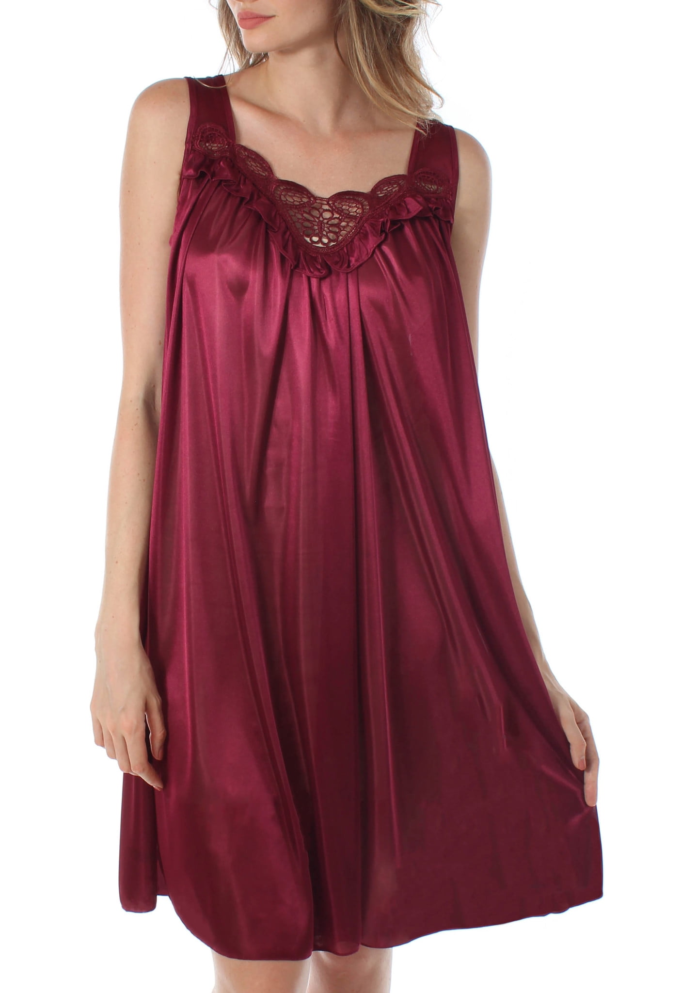 Venice Fashions Womens Silky Embroidered Nightgown, Sheer Lace, Wine ...