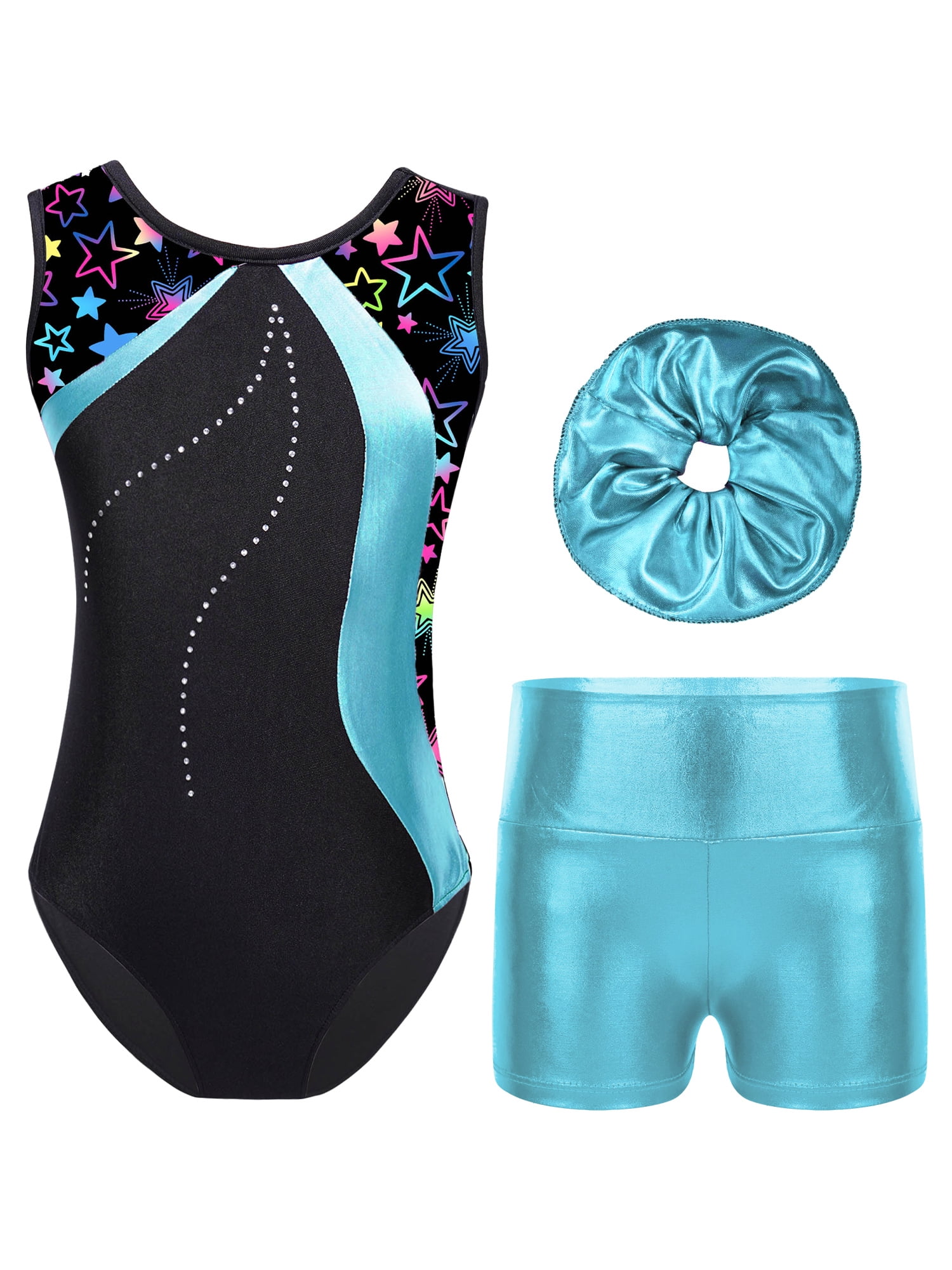 Venjoe Girls 3 Piece Gymnastics Leotard with Metallic Shorts Hairband ...