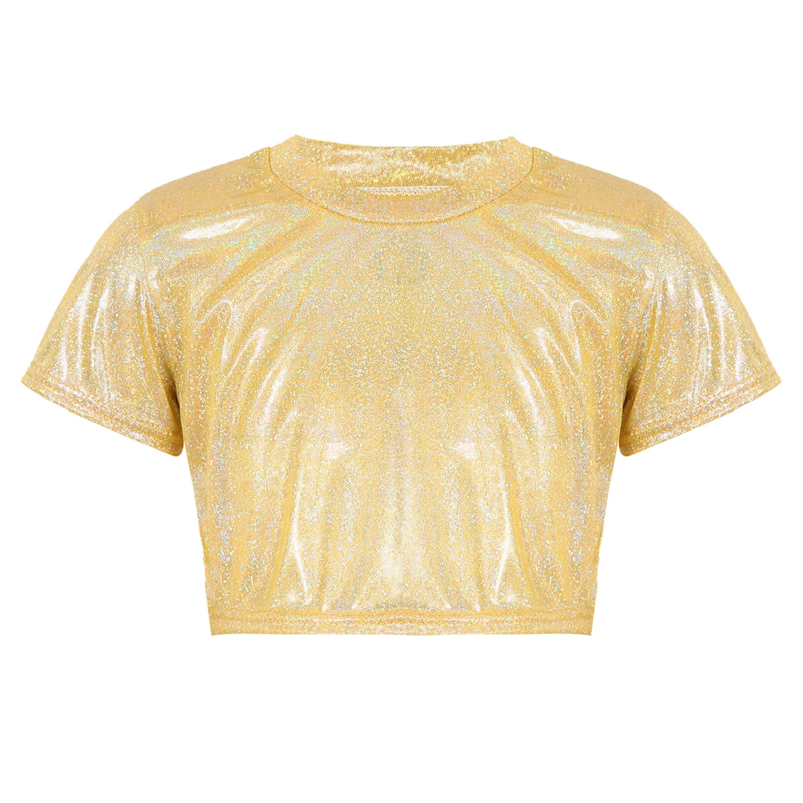 Venjoe Kids Girls Boys Shiny Metallic Dance Crop Tops Short Sleeves ...