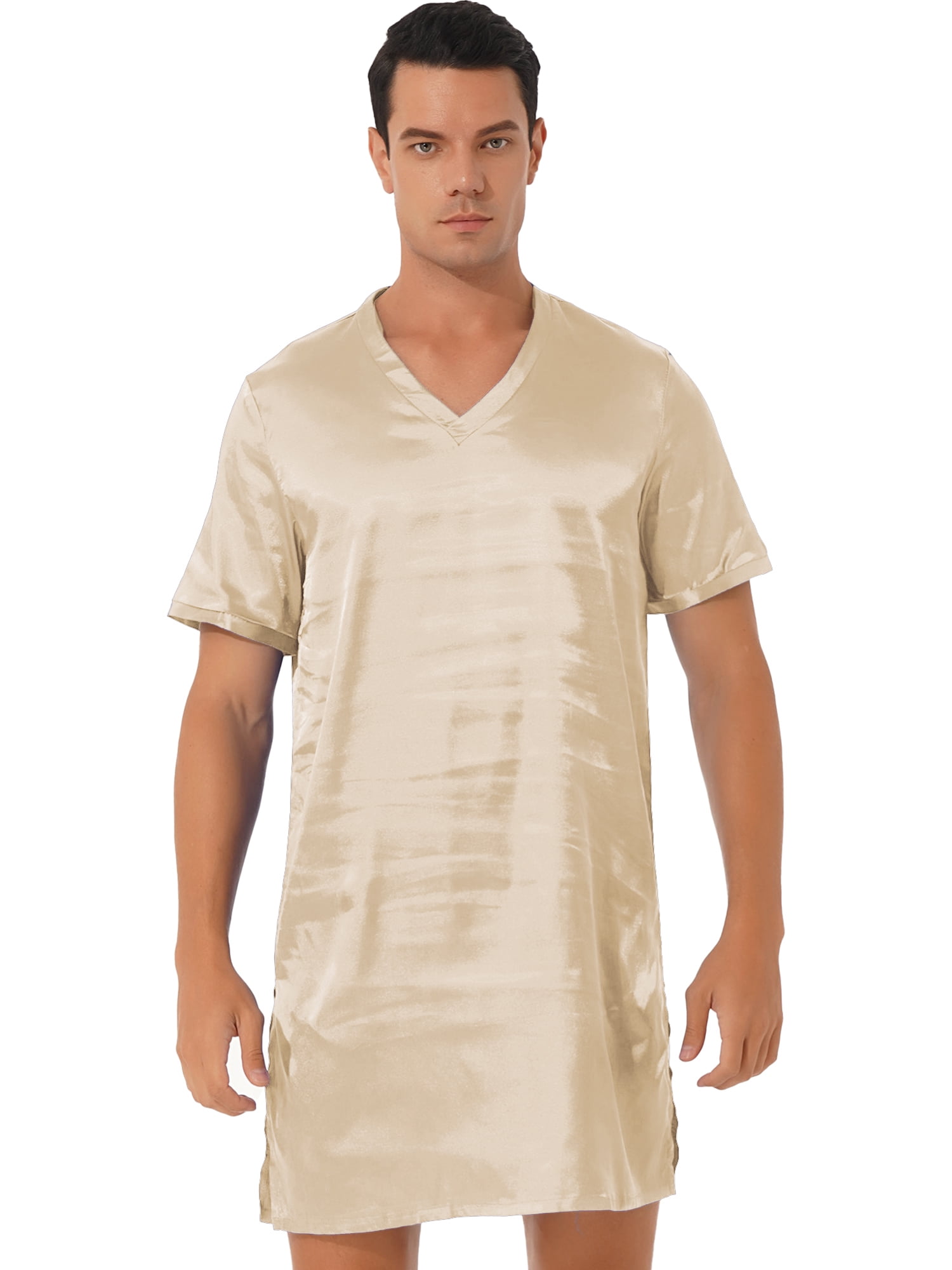 Venjoe Men's Night Shirt Short Sleeve Nightgowns Satin V Neck Sleep ...