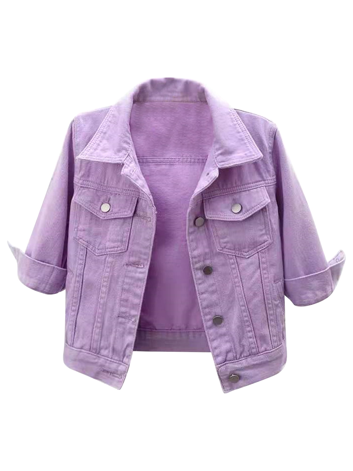 Venjoe Women's 3/4 Sleeve Cropped Distressed Denim Jacket Basic Button ...