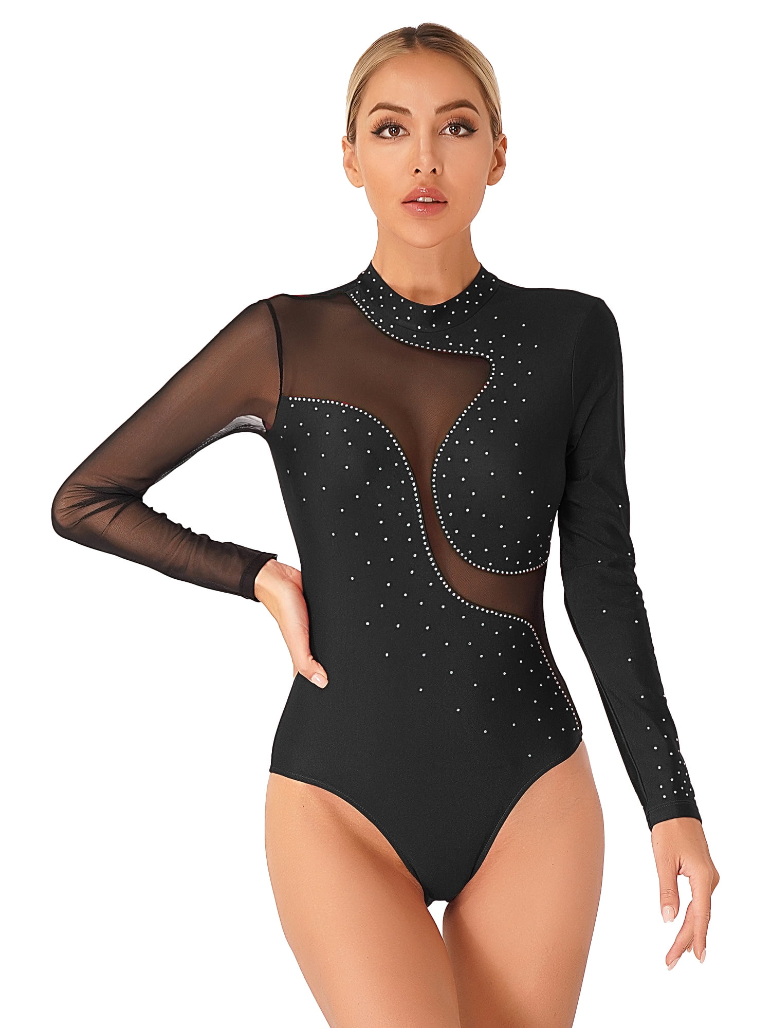 Venjoe Women's Rhinestone Ballet Dance Bodysuit Gymnastics Costume Sheer Mesh Long Sleeve ...