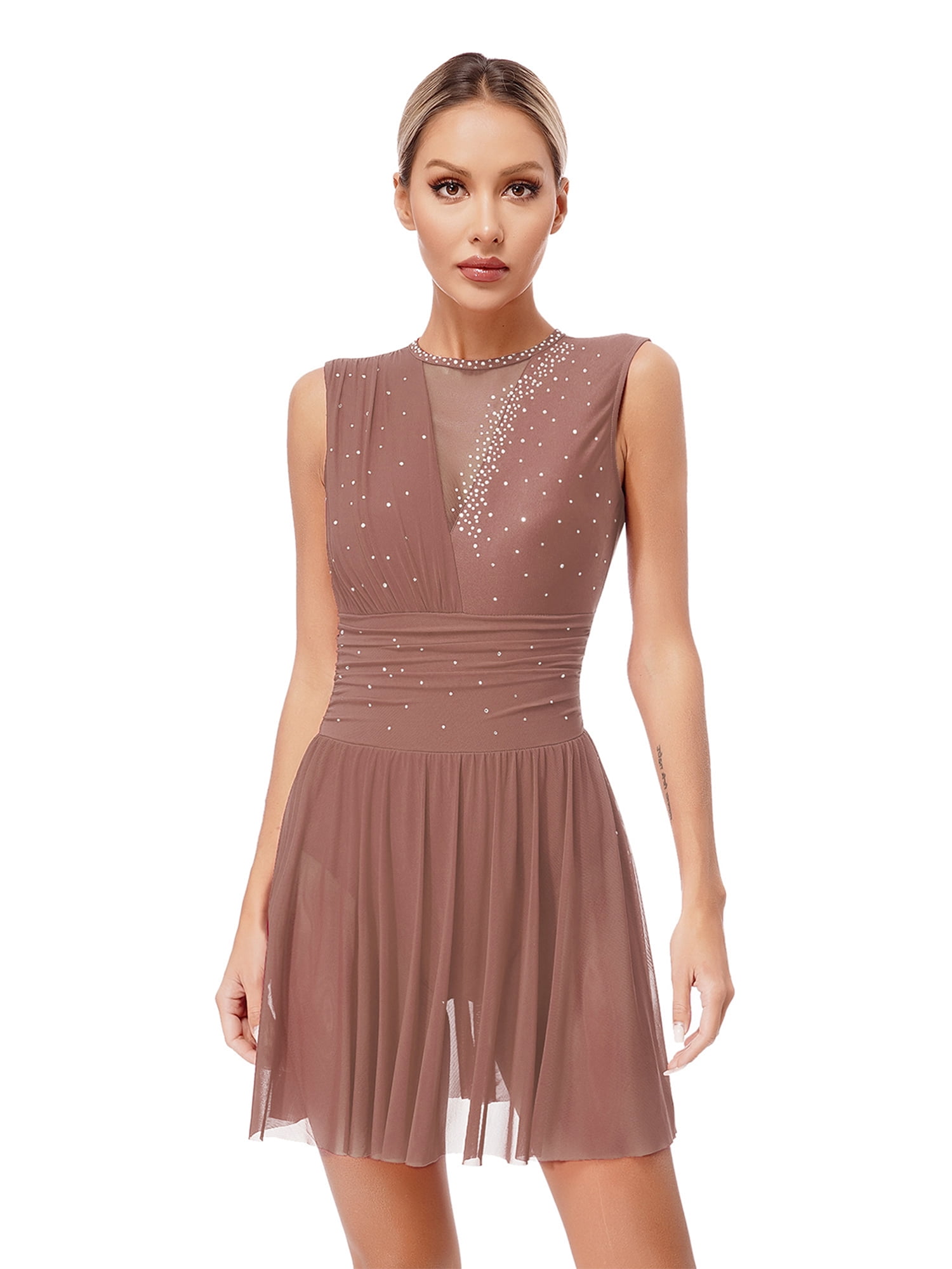 Venjoe Womens Lyrical Mesh Split Dress Sleeveless Backless Sequins Ballet Leotard Dress Modern ...