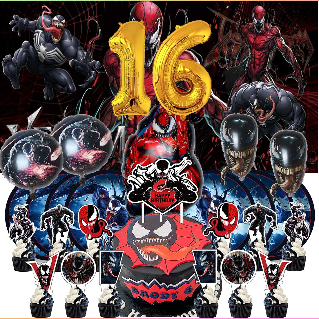 Venom 16th Tableware Balloons Cake Toppers Backdrop Banner Supplies ...