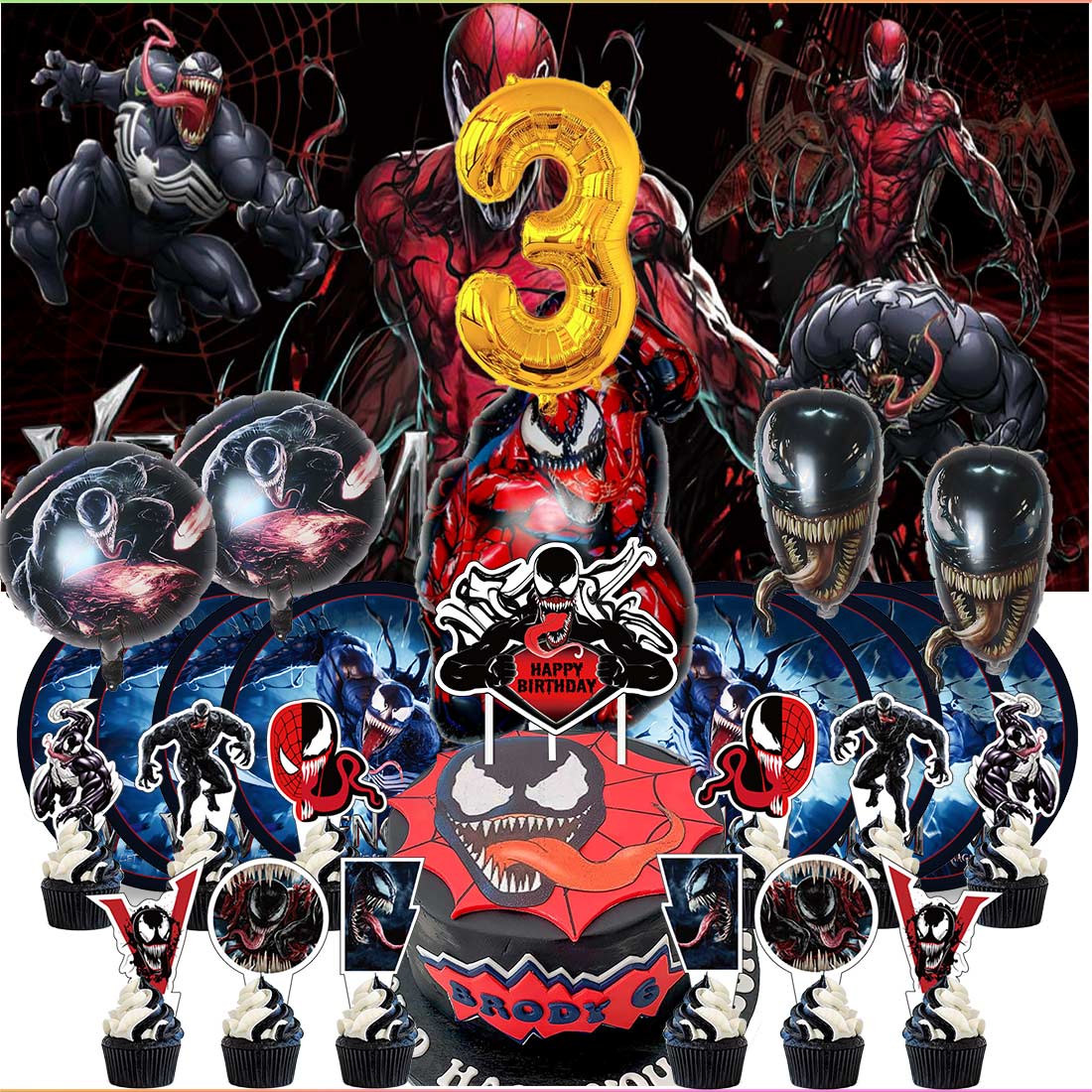 Venom 3rd Tableware Balloons Cake Toppers Backdrop Banner Supplies ...