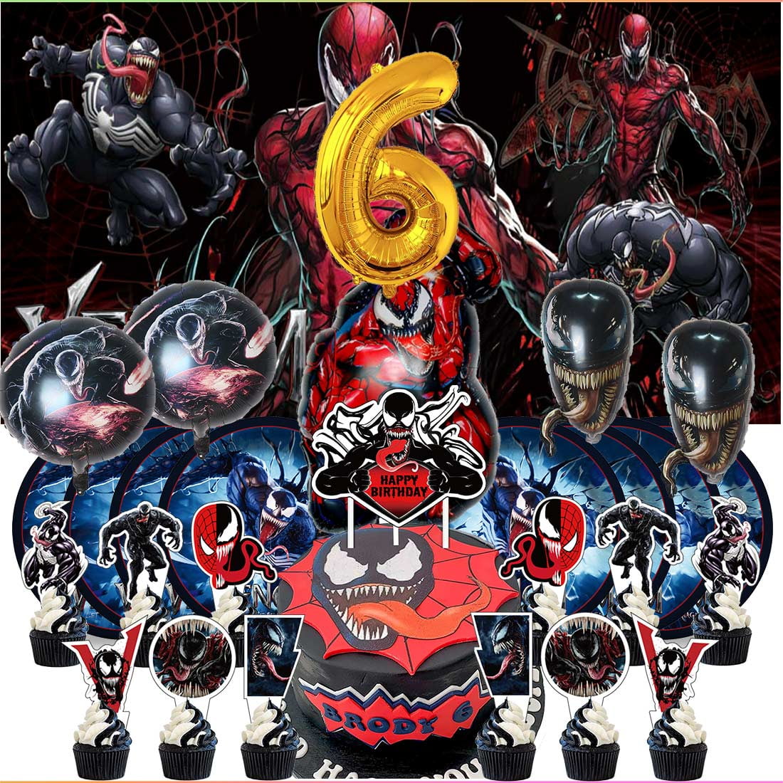 Venom 6th Tableware Balloons Cake Toppers Backdrop Banner Supplies ...