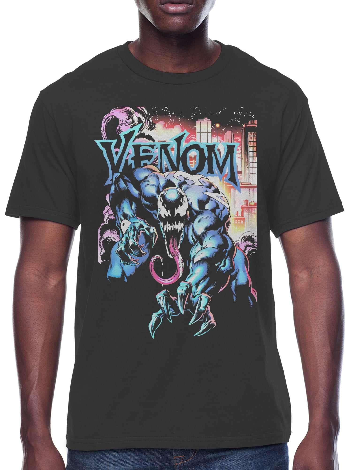 Venom Marvel, Men's & Big Men's Graphic Crew Neck T-Shirt, City Aflame ...