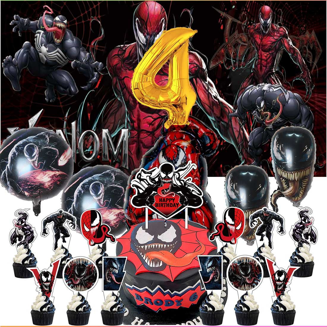 Venom Party Supplies Decor 4th Kit Balloons Birthday Cake Topper Banner ...