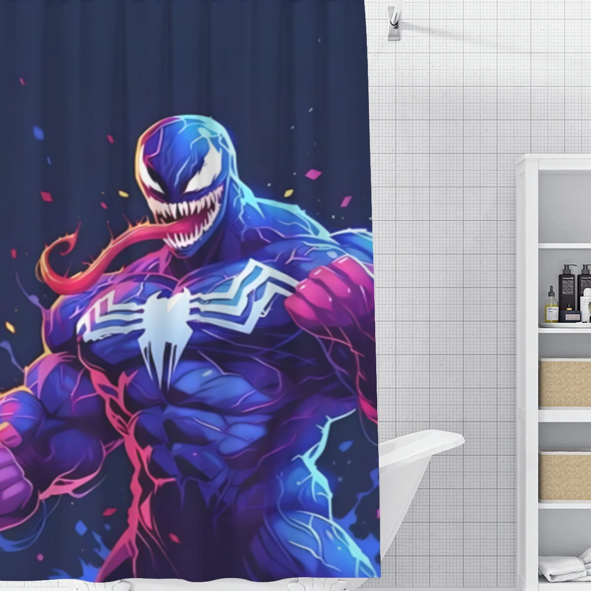 Venom shower curtain features an iconic print, is waterproof and easy ...