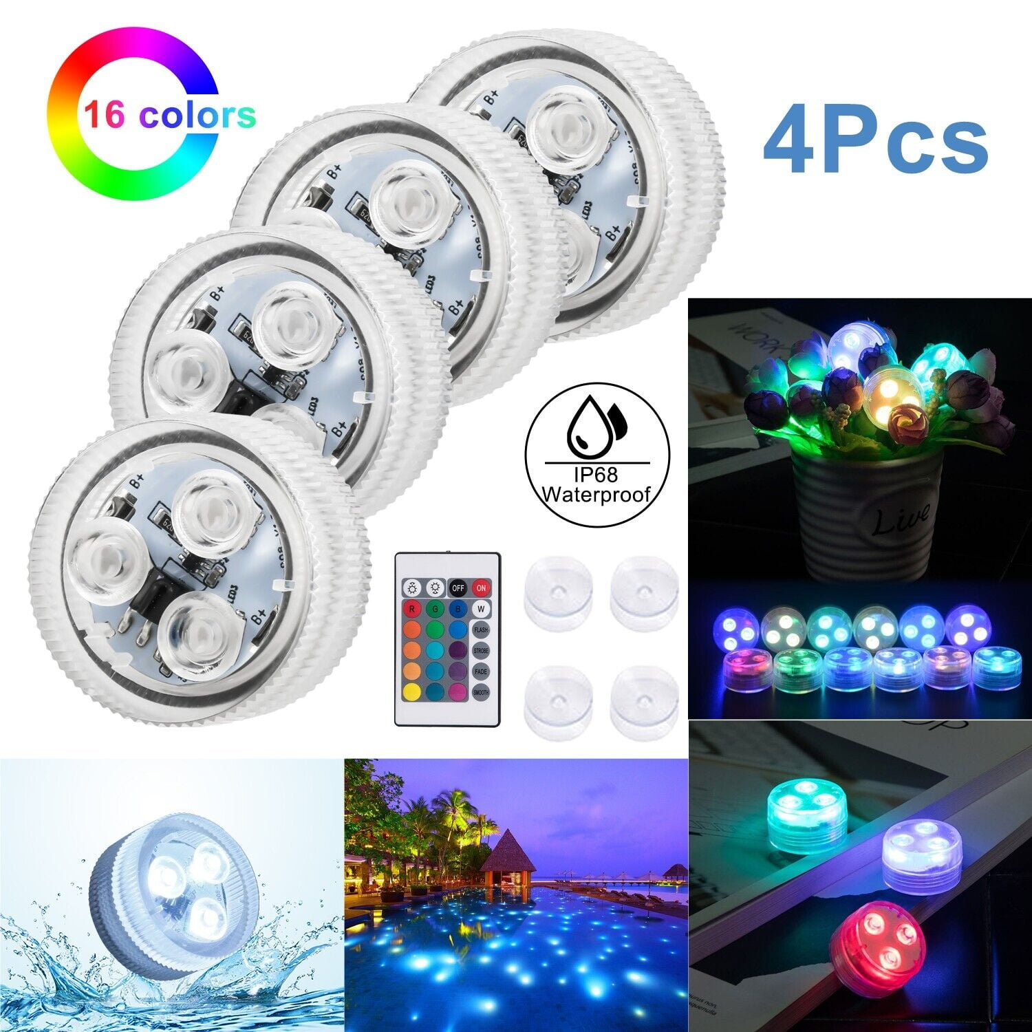 Venoro Inground Wireless Submersible RGB LED Pool Lights with Remote ...