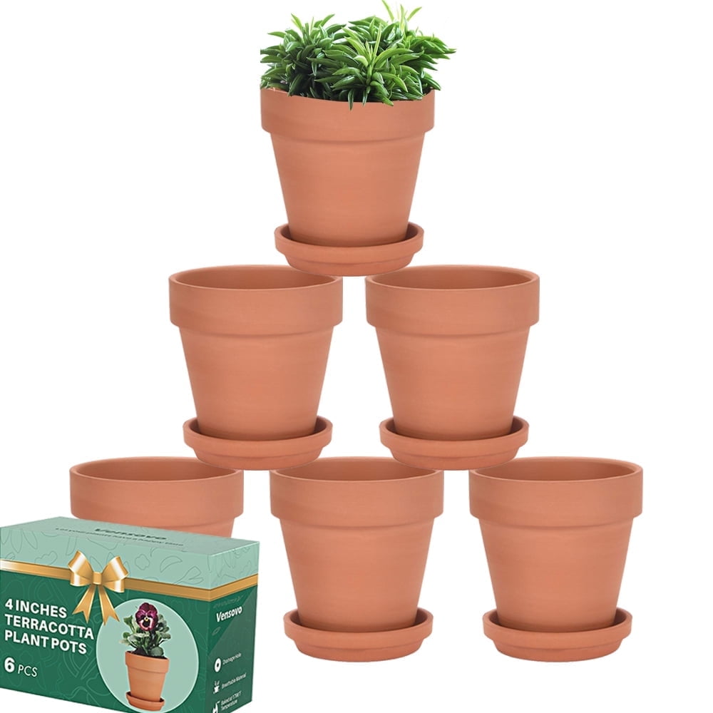 4 Inch Clay Pot for Plant with Saucer - 6 Pack Small Terra Cotta Plant ...
