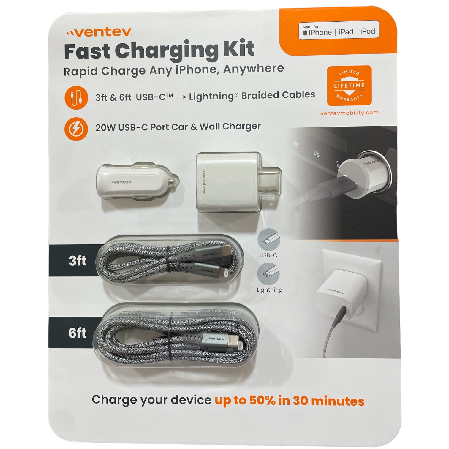 Ventev Fast Charging Kit, 20V 3A Vehicle Charger, USB-C to Lightning ...