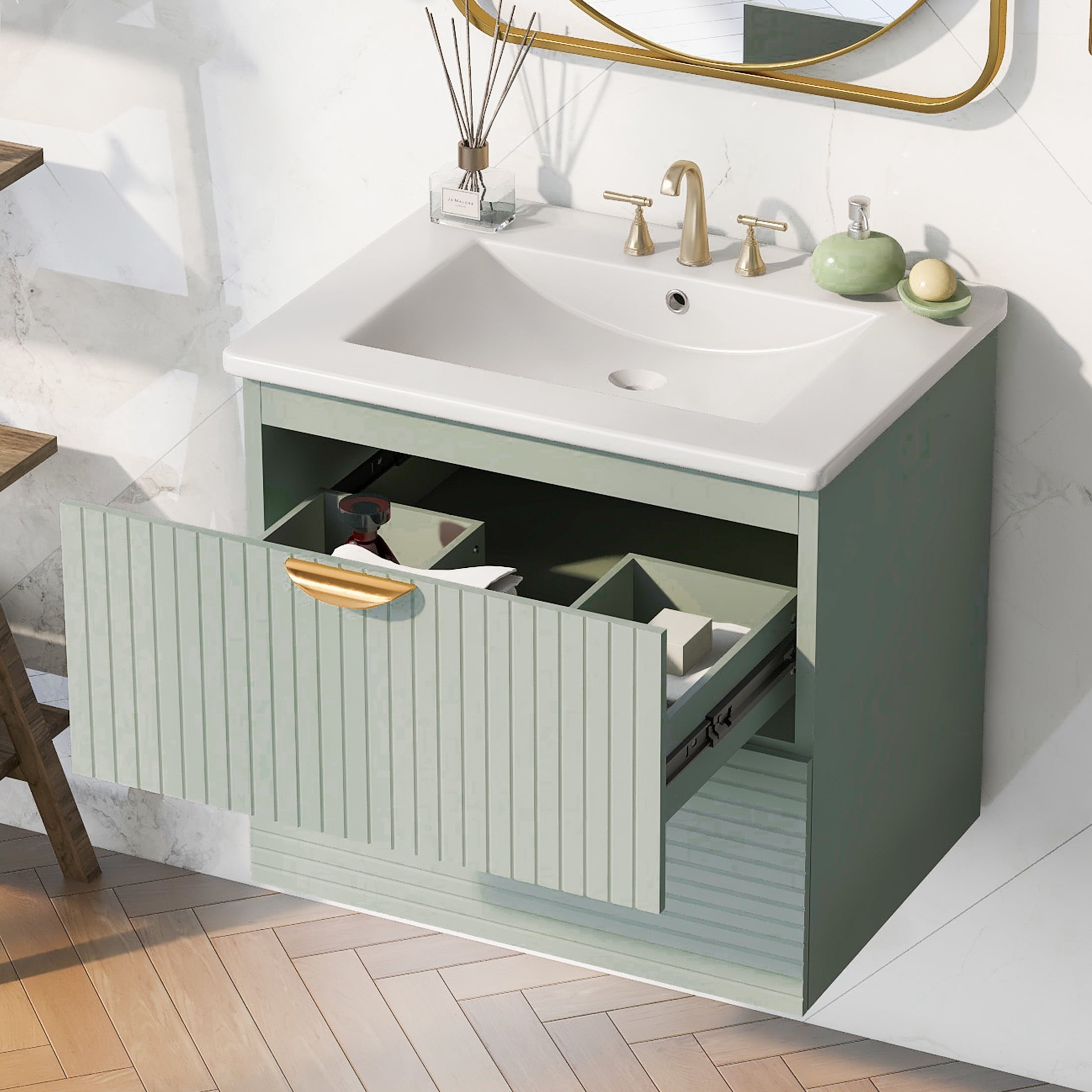Ventra Modern Wall Mounted Bathroom Vanity with Ceramic Sink, Drawers ...