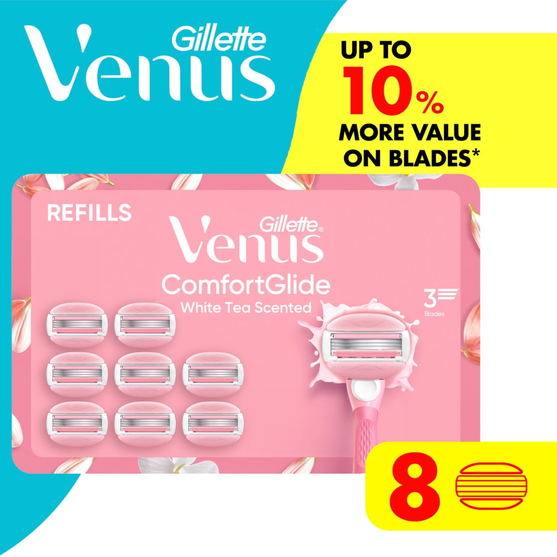 Venus White Tea Women's Razor Blade Refills, 8 Count with 3 Blades and ...