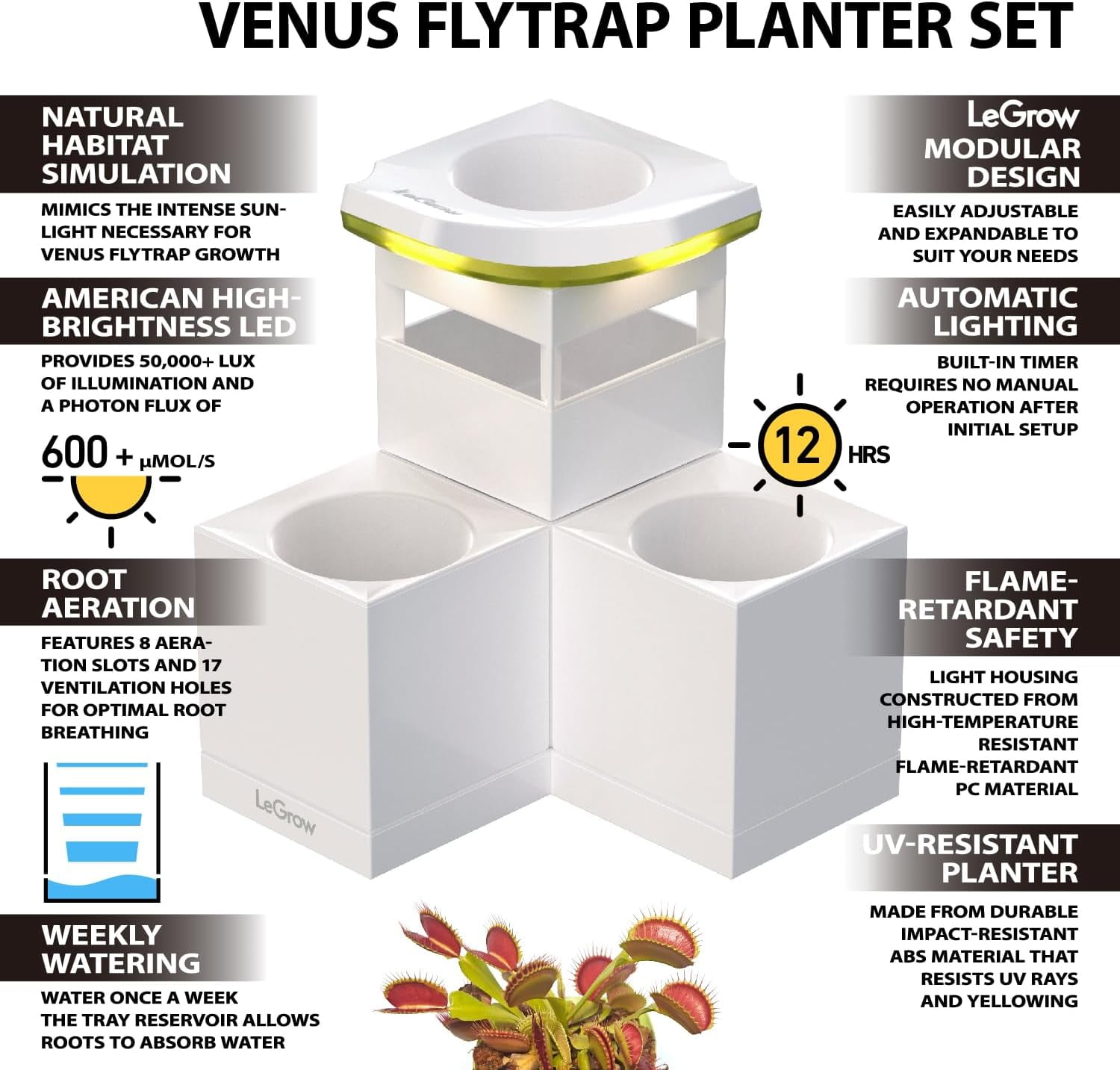 Venus Fly Trap Pot, 50000lux Grow Light with Timer, 7 Days Watering ...