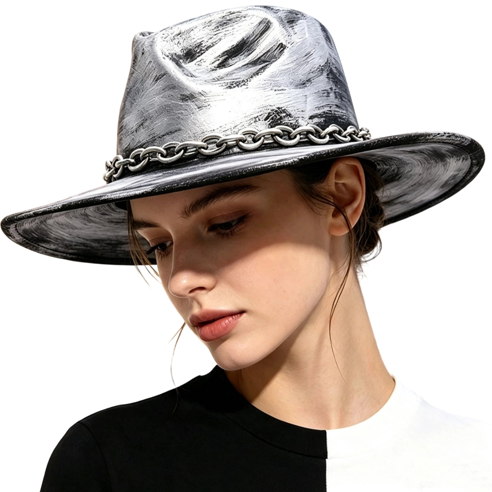 Venzia Distressed Metallic Wide Brim Fedora Hat, Chain Decor Vintage ...