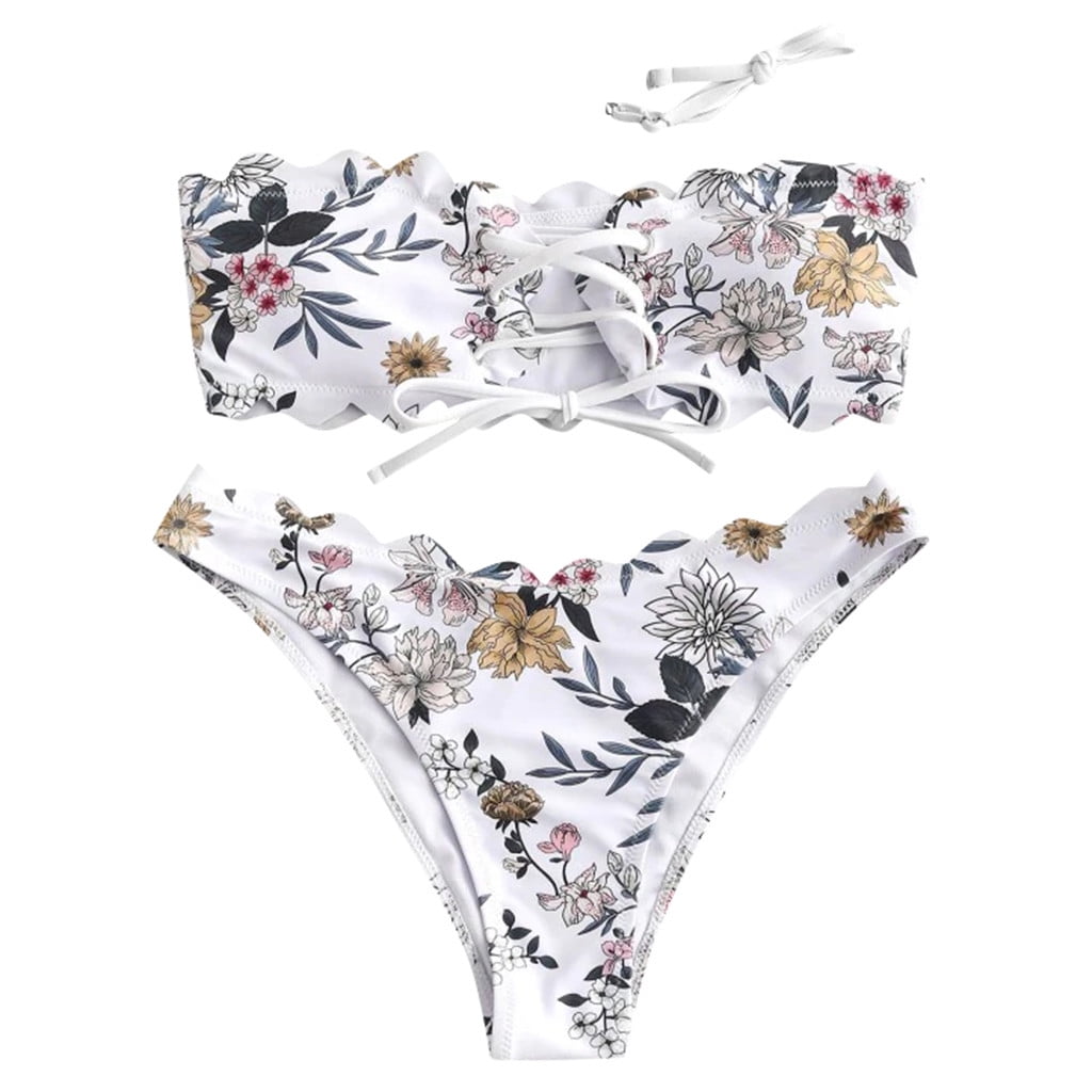 VerPetridure Bandeau Swimsuits for Womens Floral Lace-up Scalloped ...