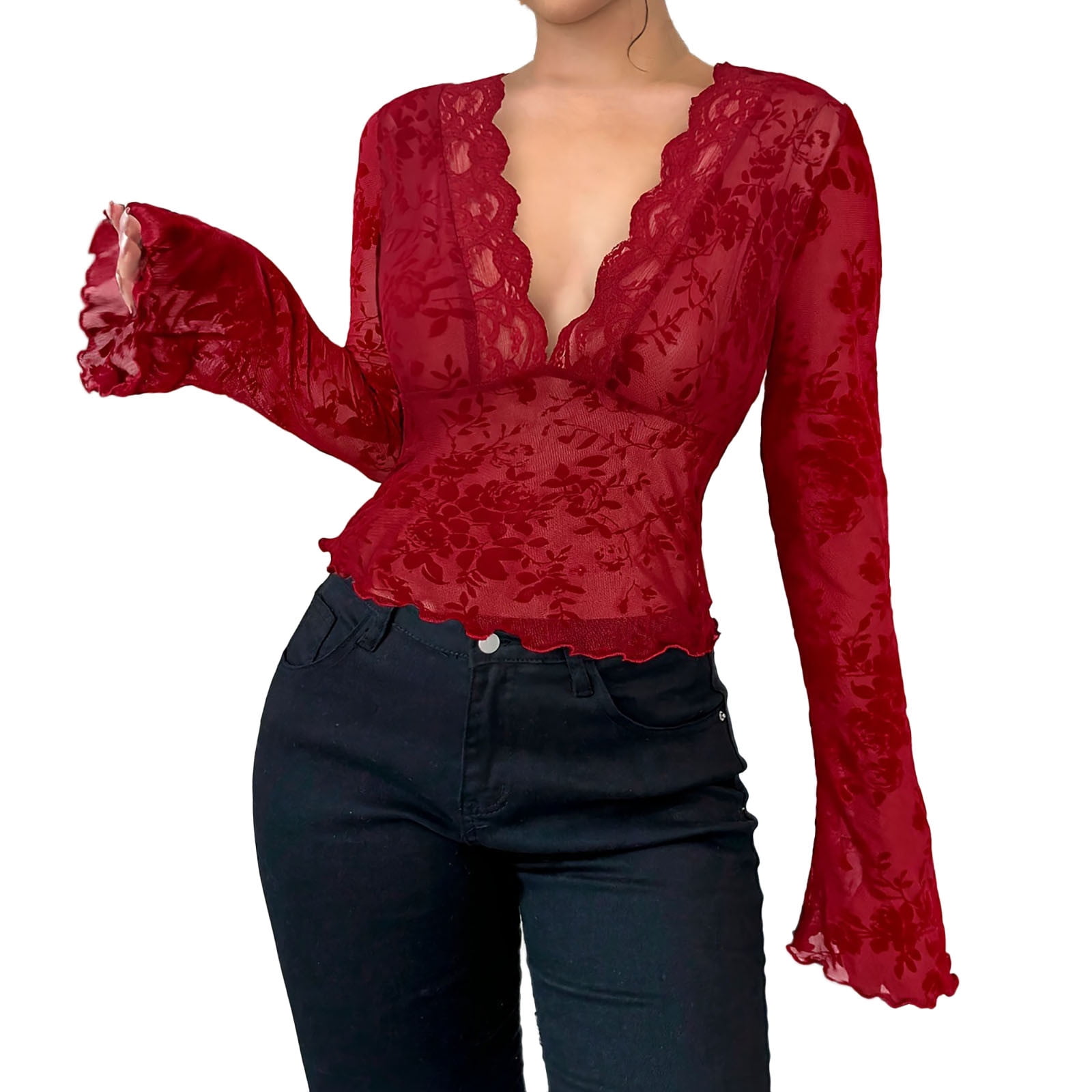 VerPetridure Women's Lace Blouse Flared Sleeve Deep V-Neck Lace Floral ...