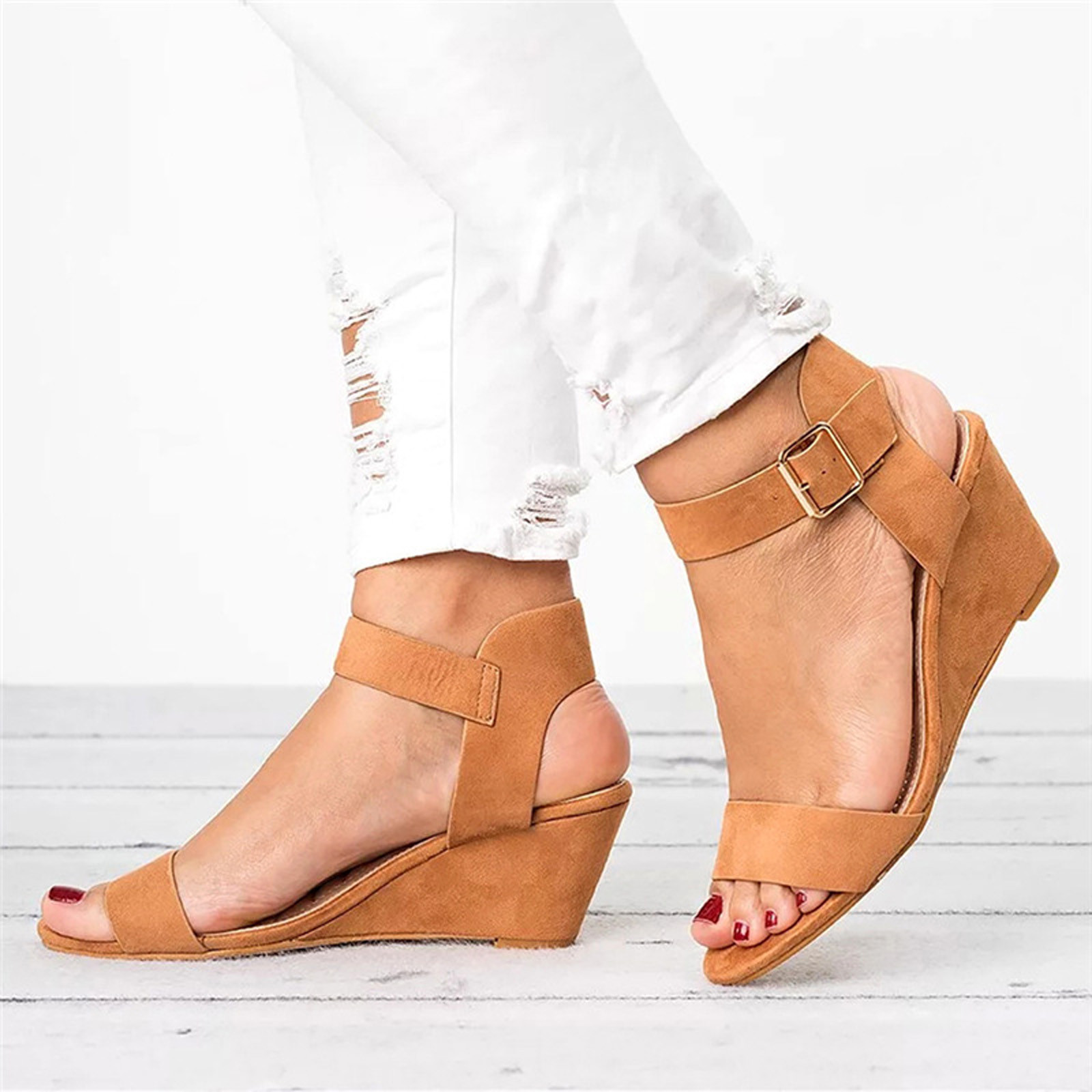 VerPetridure Women s Solid Color Round Toe Wedge Heel Buckle Suede Low VerPetridure Women s Solid Color Round Toe Wedge Heel Buckle Suede Low