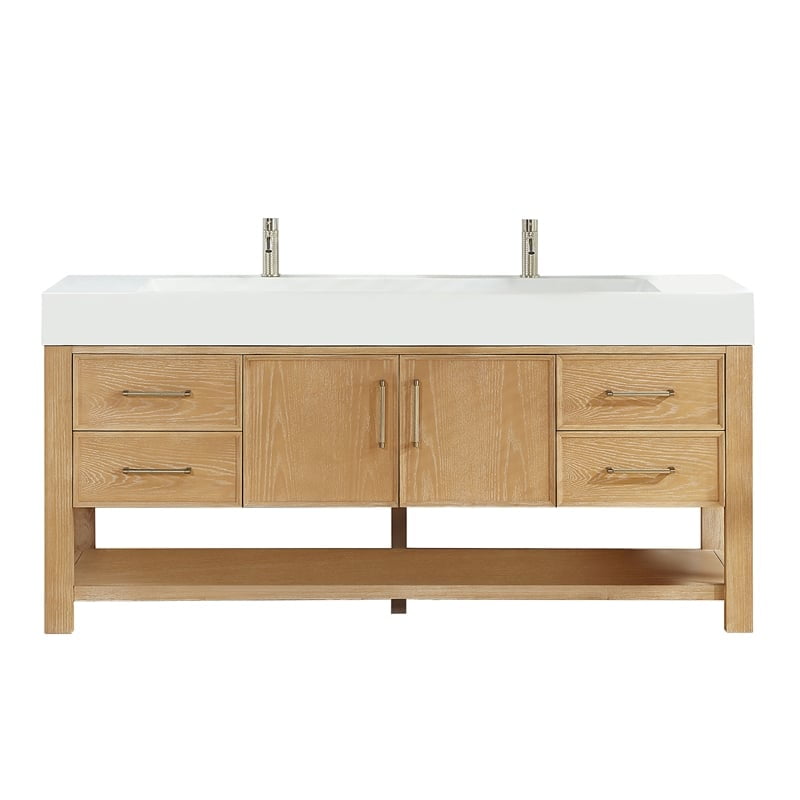 Vera 72" Single Bath Vanity in Washed Ash Grey with White Integrated ...