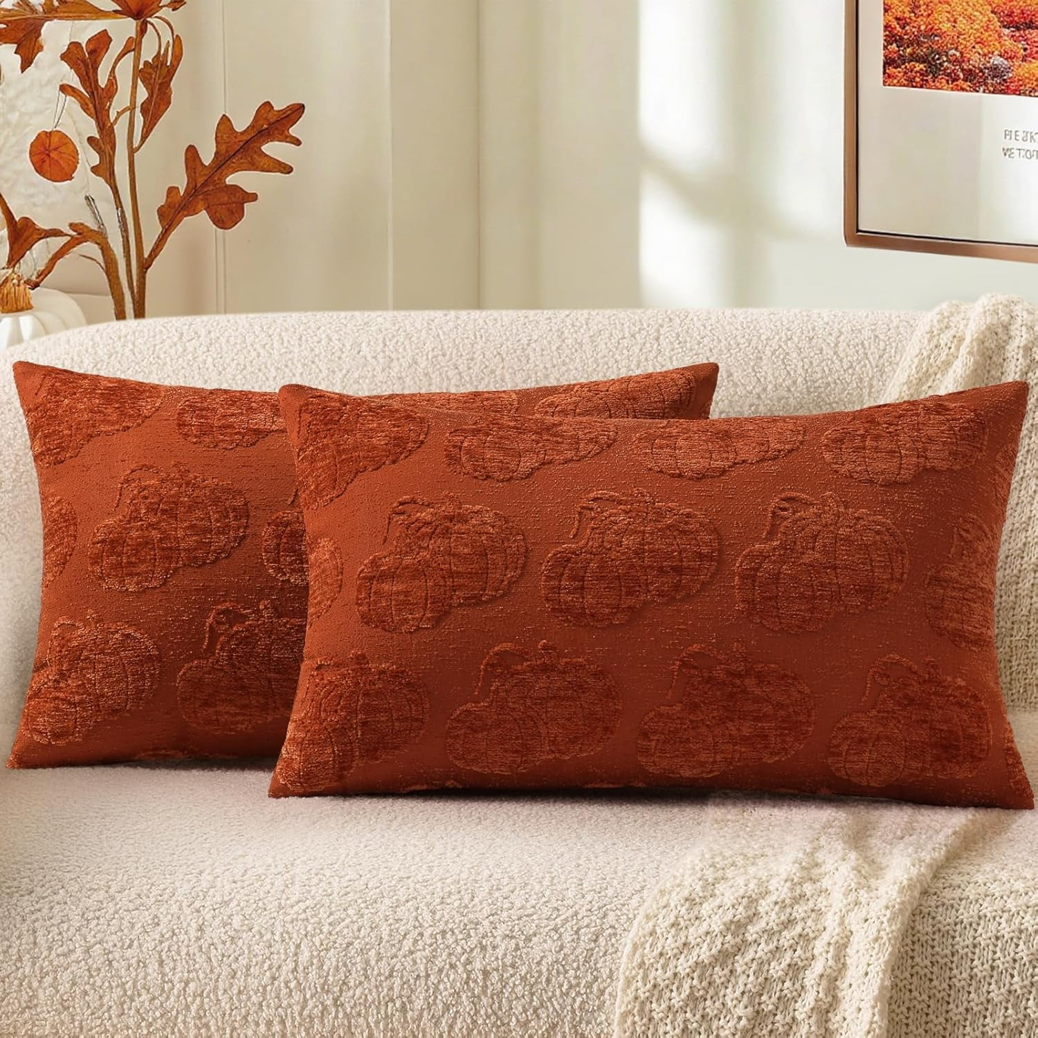 VeraNest Fall Decorative Two Rust Pumpkins Throw Pillow Covers 12x20 ...