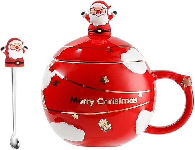 Veraa Christmas Mugs with Santa Figurines, Round Mug with Lid Spoon ...